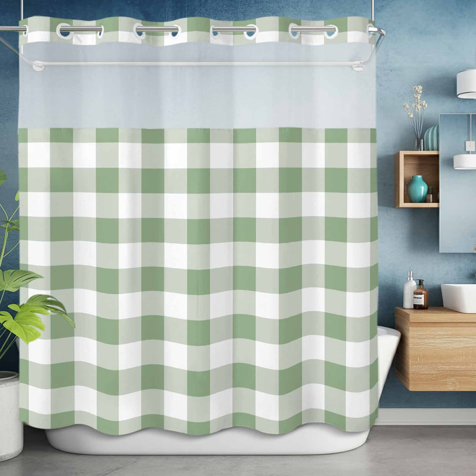 No Hook Shower Curtain with Snap in Liner, Sage Green Buffalo Plaid ...