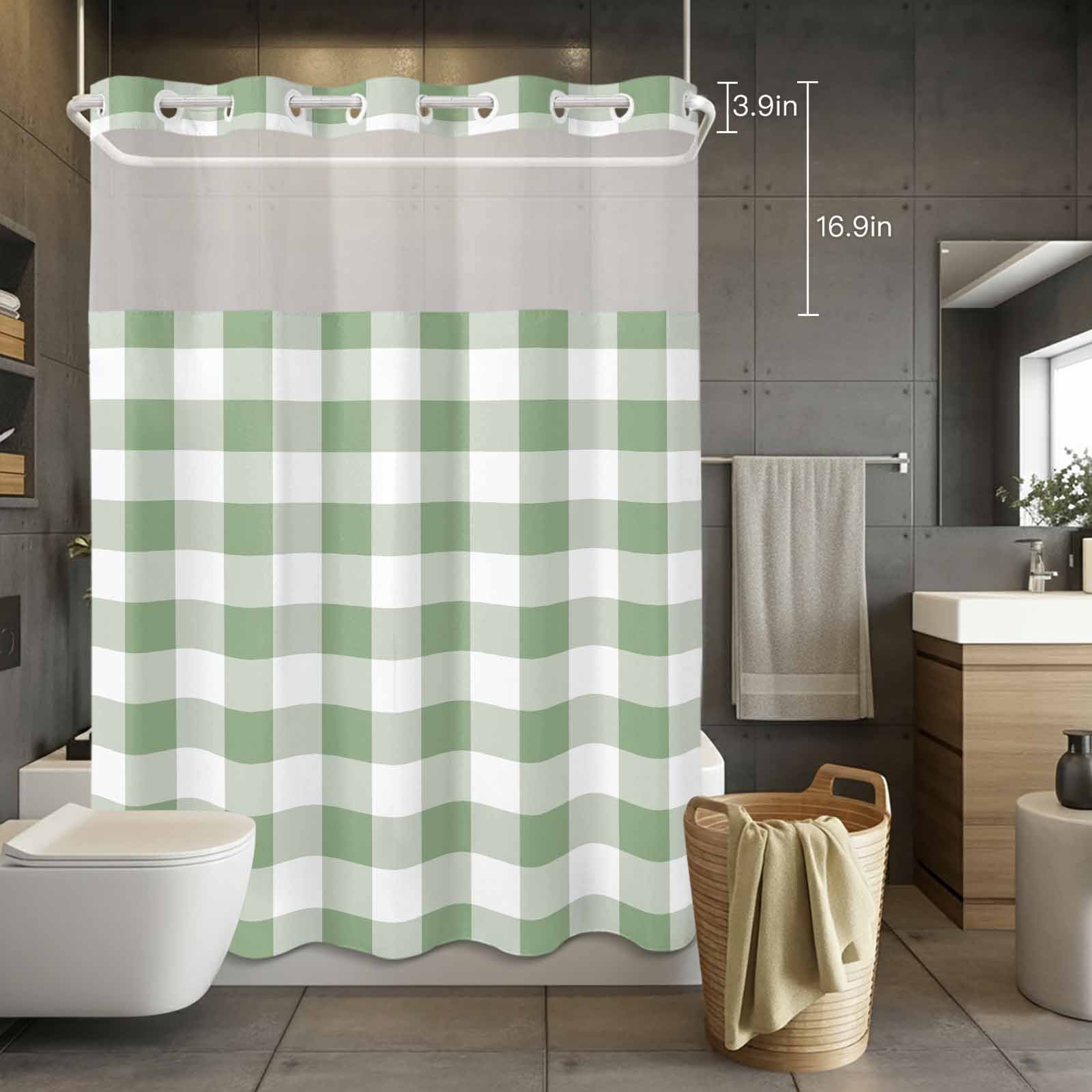 No Hook Shower Curtain with Snap in Liner, Sage Green Buffalo Plaid ...