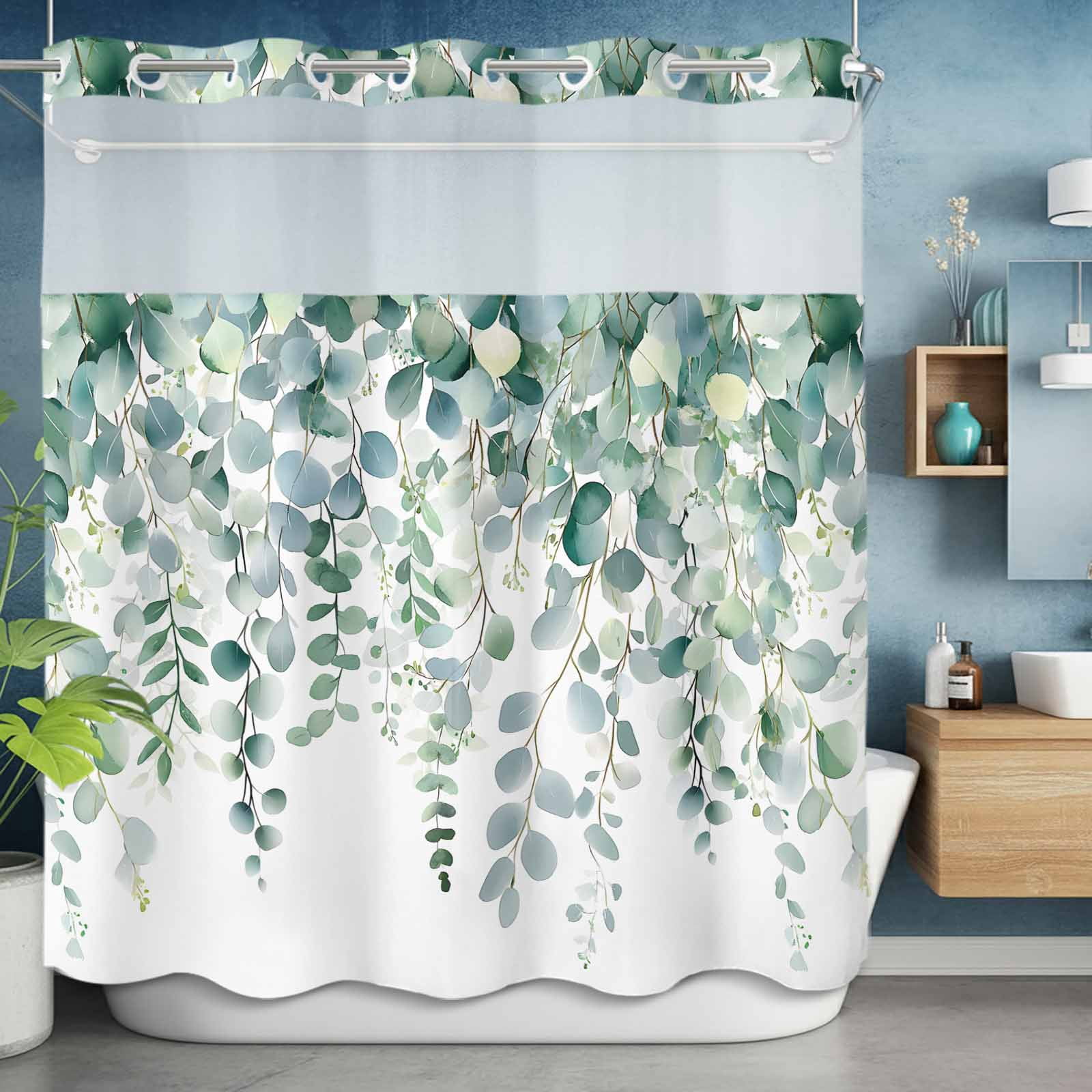 No Hook Shower Curtain with Snap in Liner, Sage Green Eucalyptus Leaves ...