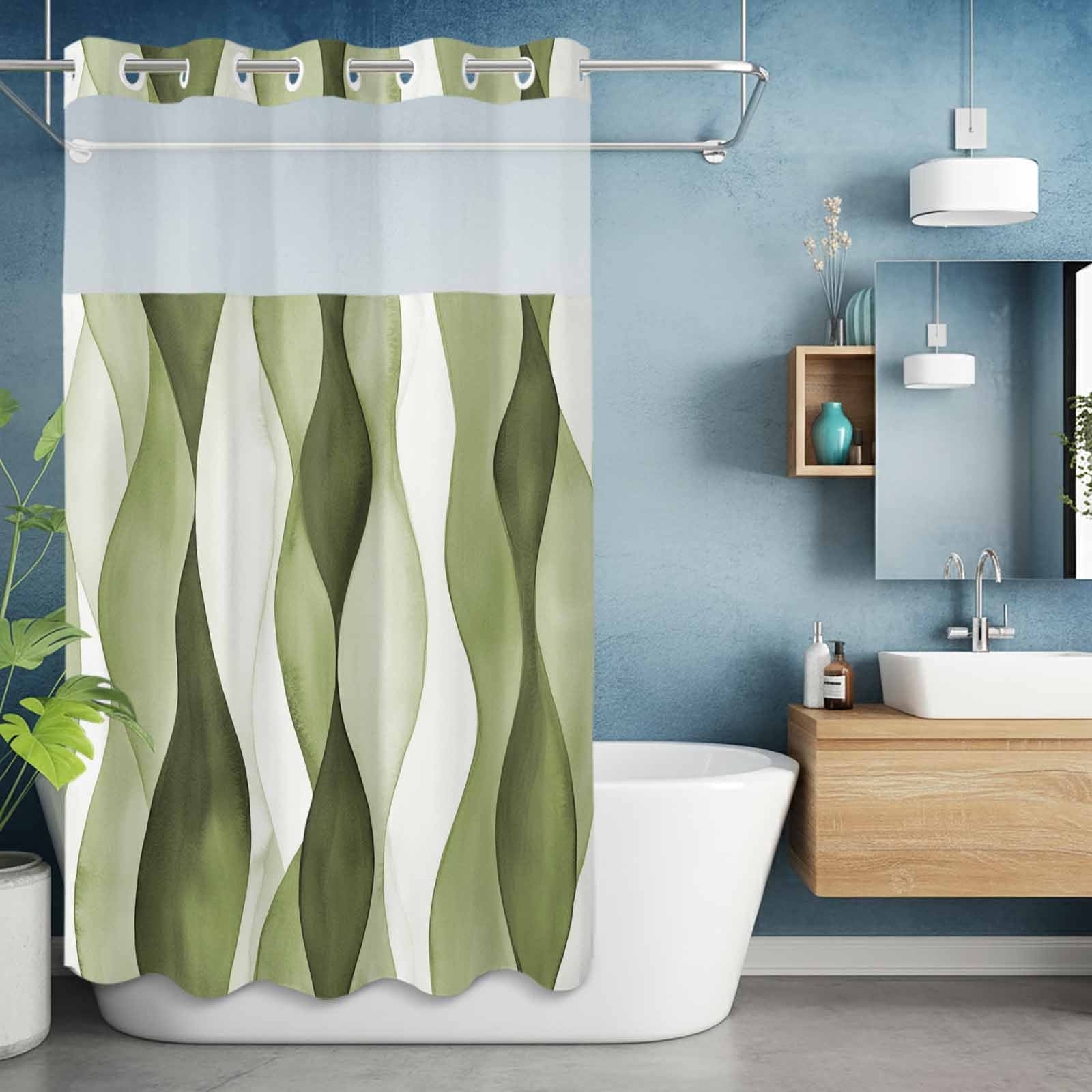 No Hook Shower Curtain with Snap in Liner, Sage Green Gradient Stripes ...