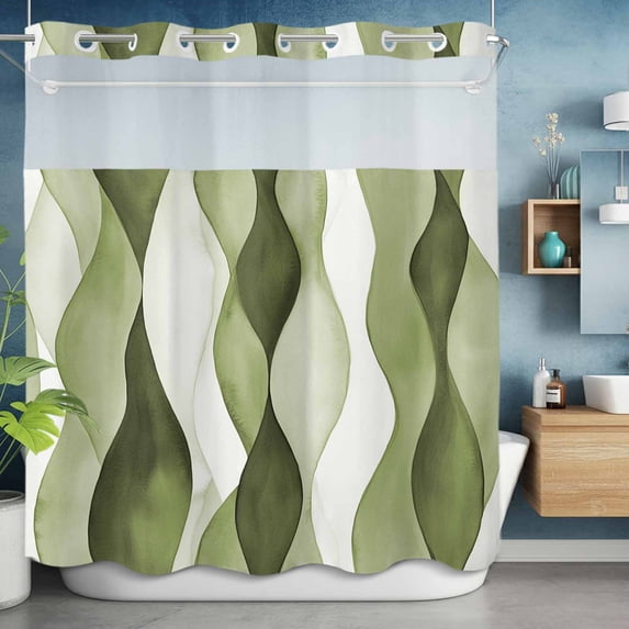 No Hook Shower Curtain with Snap in Liner, Sage Green Gradient Stripes ...