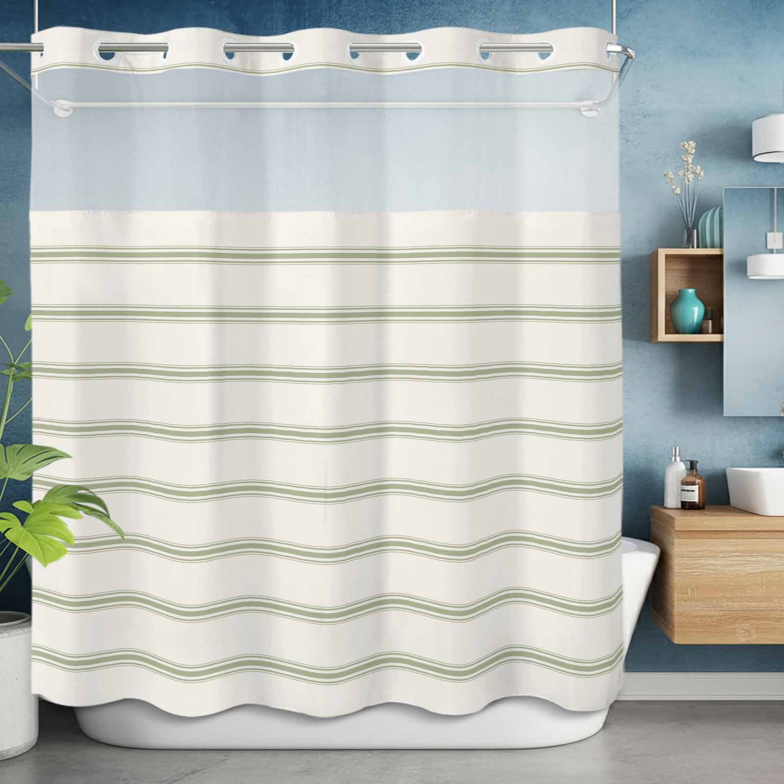 No Hook Shower Curtain with Snap in Liner, Sage Green Stripe Minimalist ...