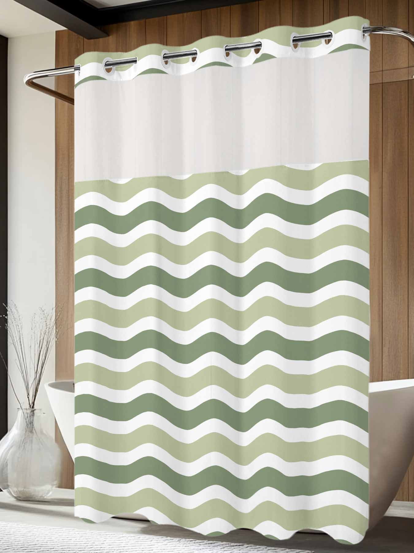 No Hook Shower Curtain with Snap in Liner, Sage Green Water Ripples ...