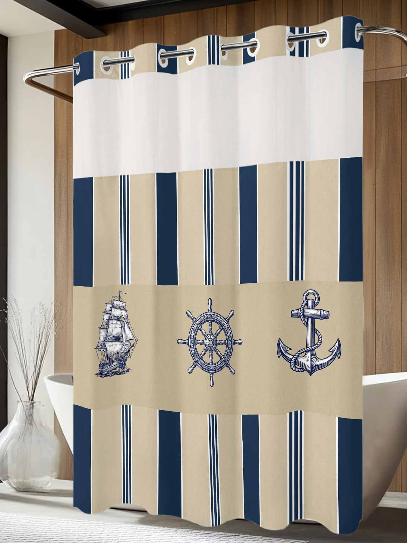 No Hook Shower Curtain with Snap in Liner, Sea Blue Stripes Waterproof ...