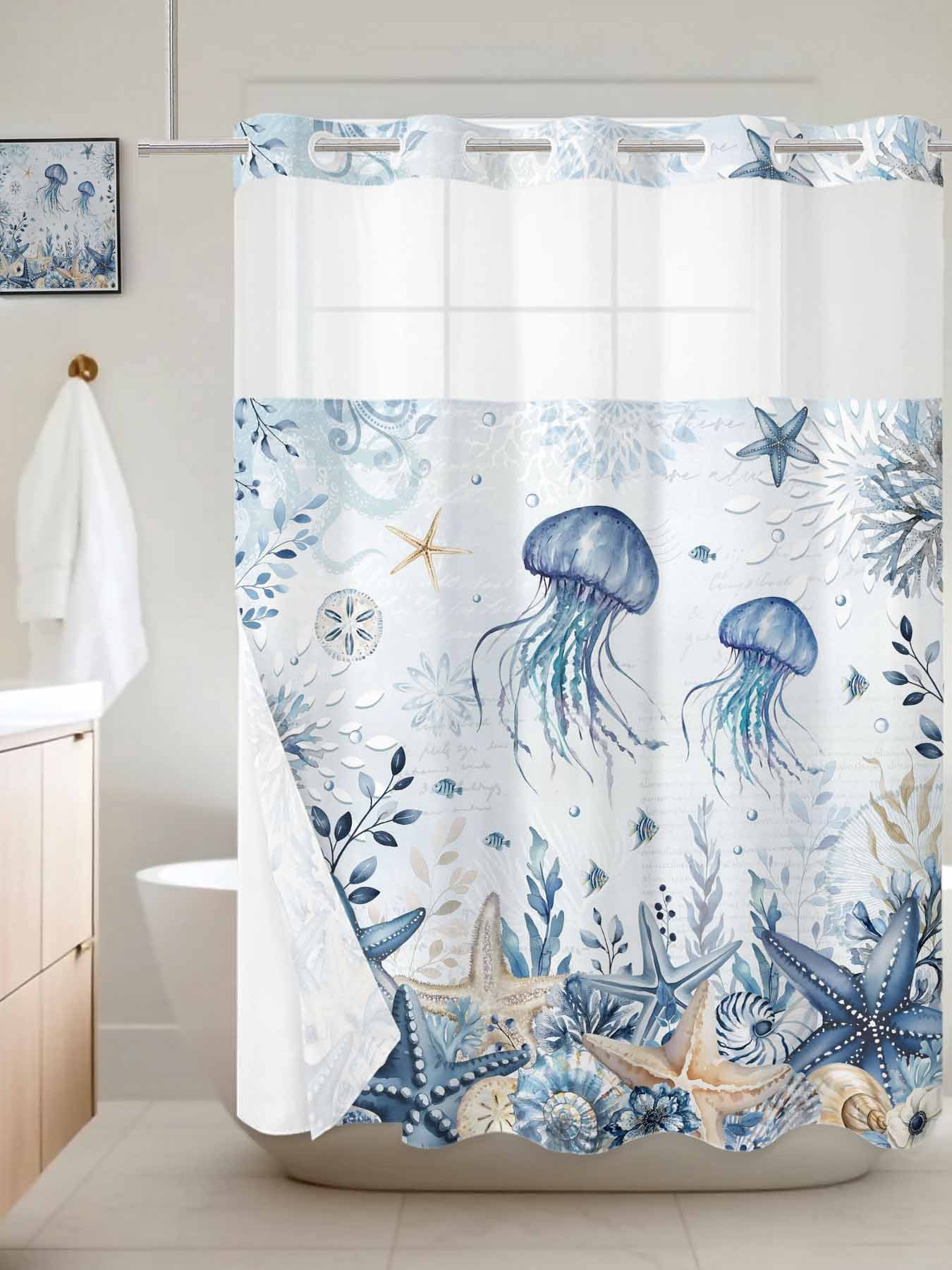 No Hook Shower Curtain with Snap in Liner, Sea Stars Corals Jellyfish ...