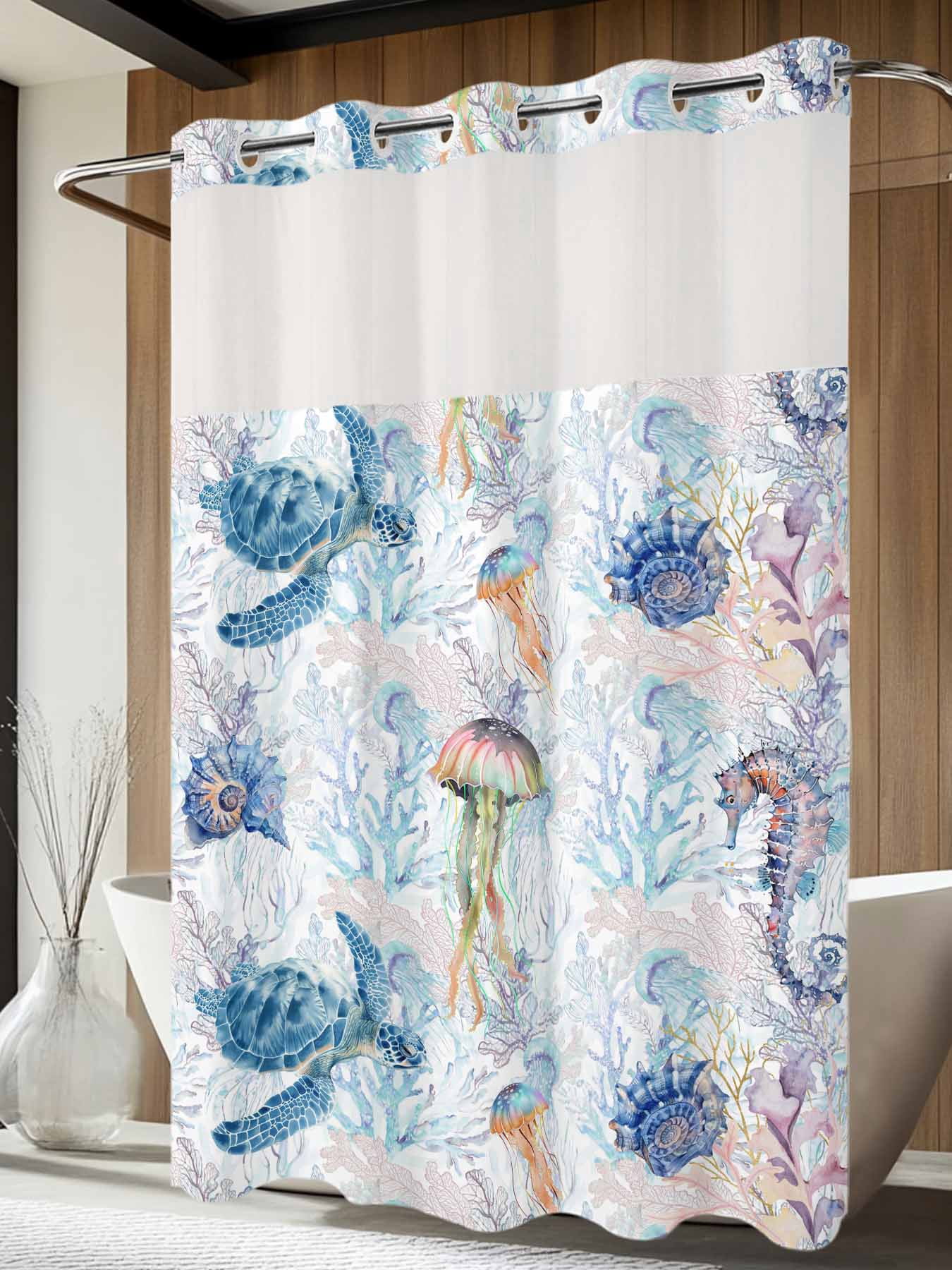 No Hook Shower Curtain with Snap in Liner, Sea Turtle Jellyfish Conch ...