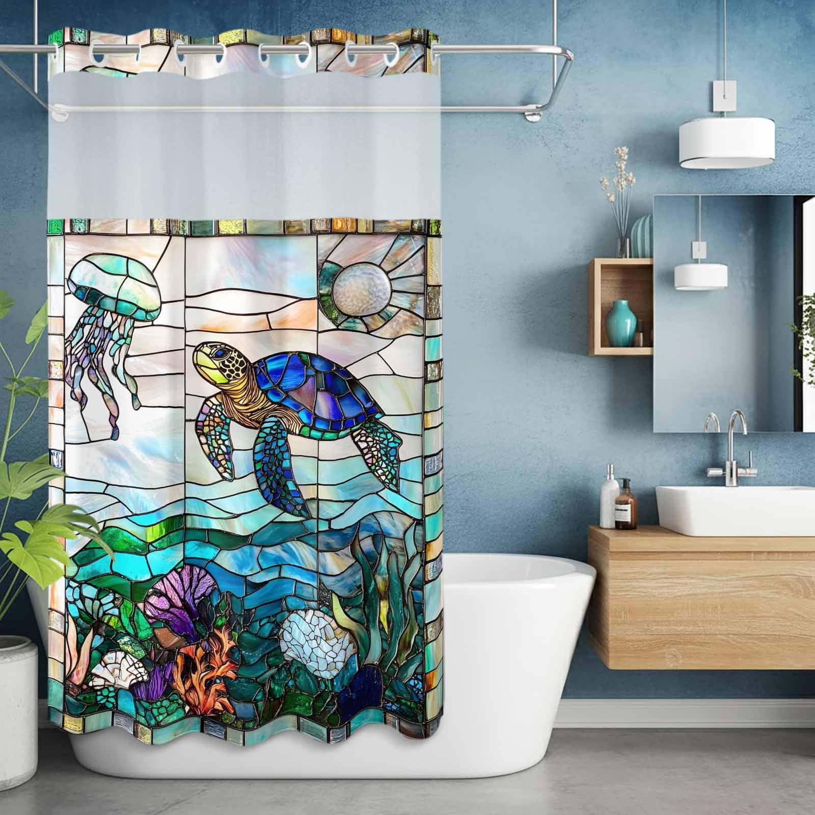 No Hook Shower Curtain with Snap in Liner, Sea Turtle Jellyfish Summer ...