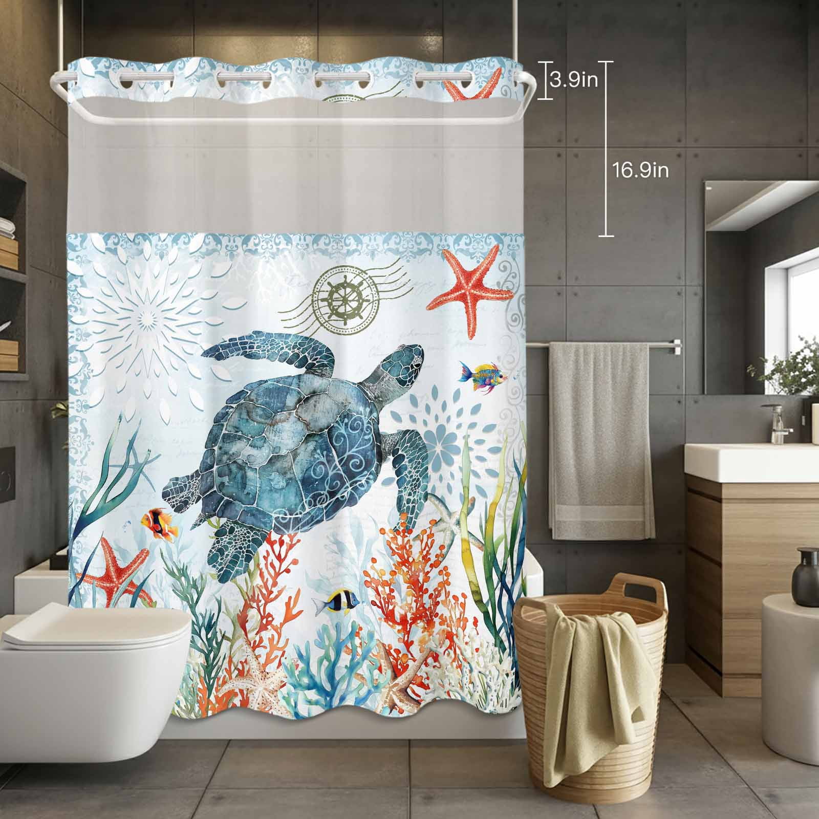 No Hook Shower Curtain with Snap in Liner, Sea Turtle Ocean Coral ...