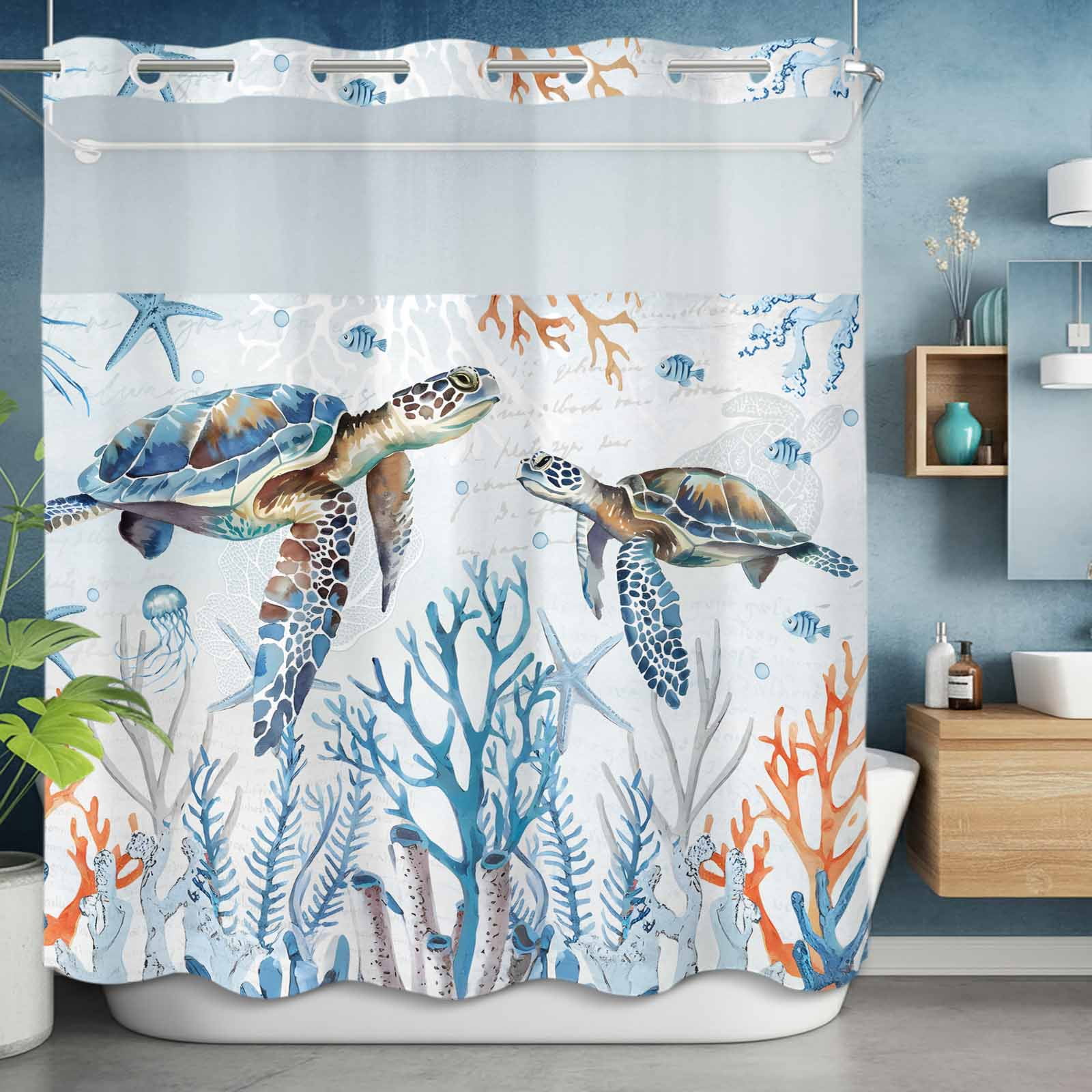 No Hook Shower Curtain with Snap in Liner, Sea turtle Ocean Blue Coral ...