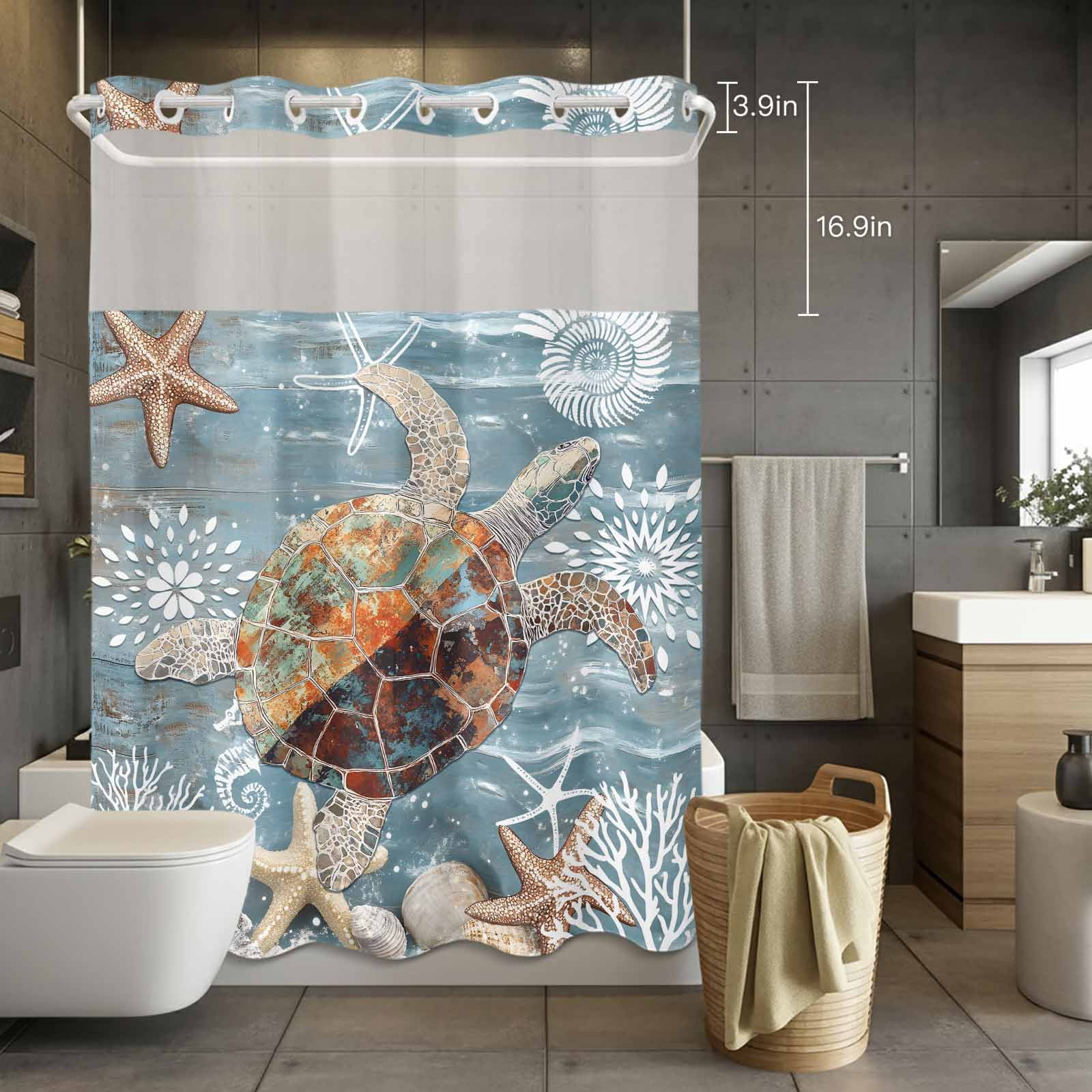 No Hook Shower Curtain with Snap in Liner, Seaside Sea Turtles Starfish ...