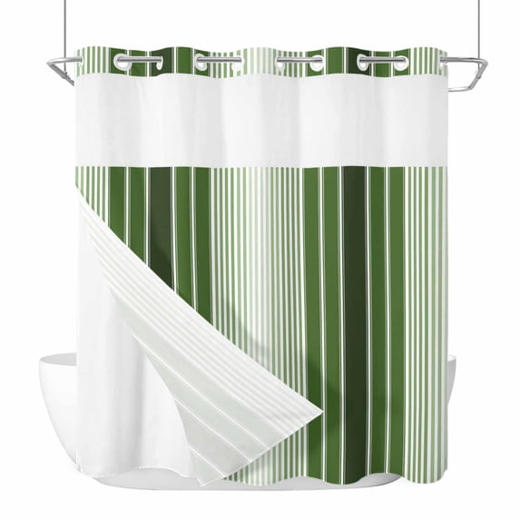 No Hook Shower Curtain with Snap in Liner Set Forest Green Striped ...