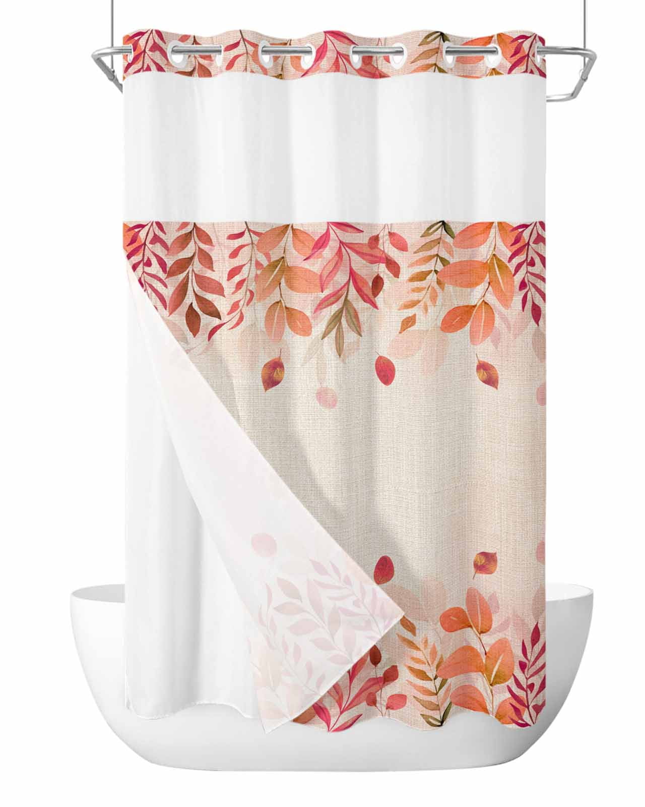 No Hook Shower Curtain and Snap in Liner Set, Red Orange Botanical ...
