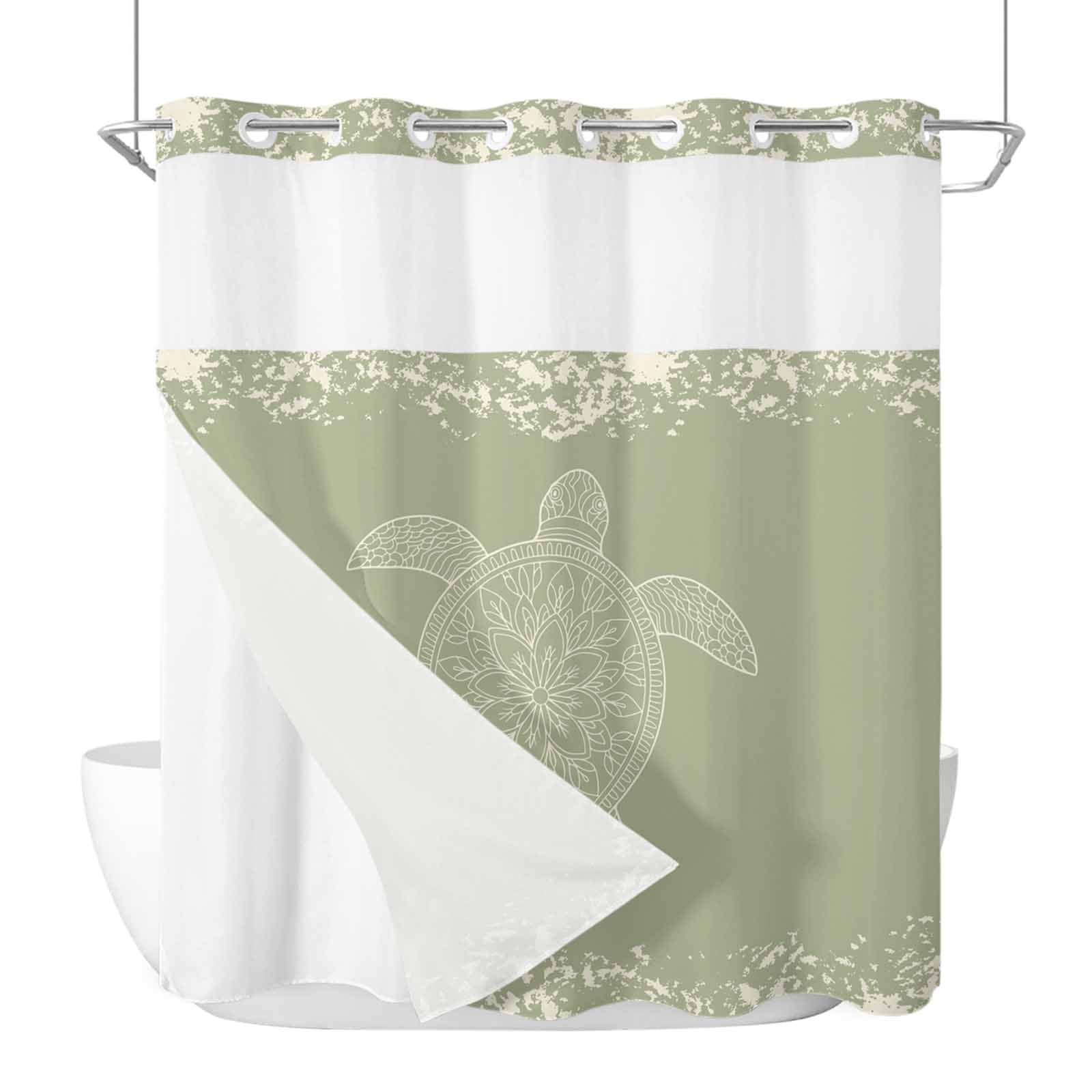 No Hook Shower Curtain with Snap in Liner Set Sage Green Turtle Shower ...