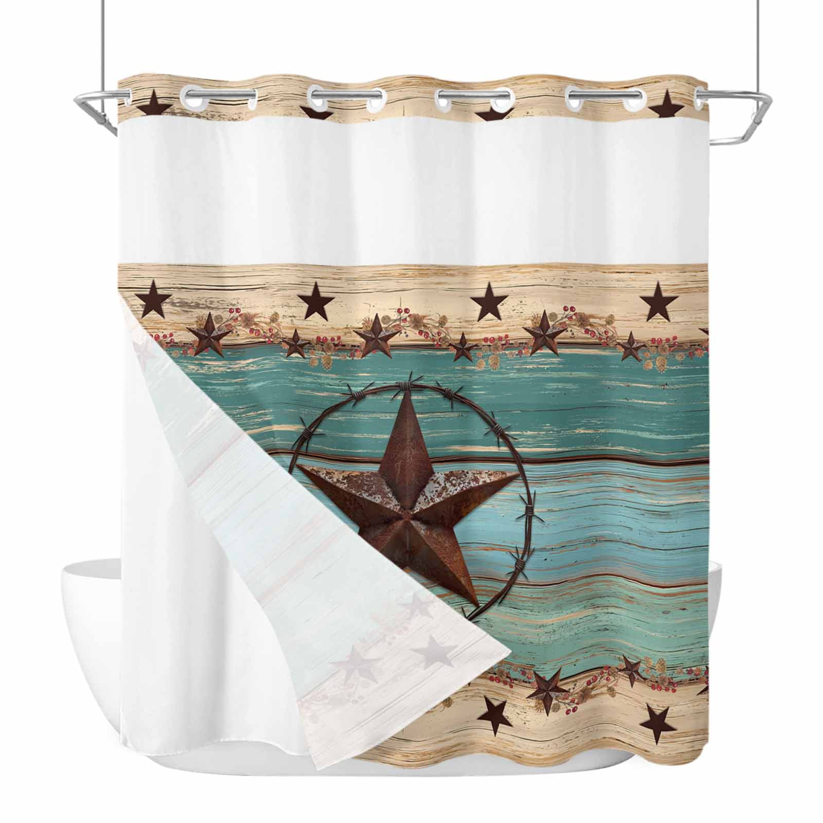No Hook Shower Curtain with Snap in Liner Set Texas Star Teal Shower ...