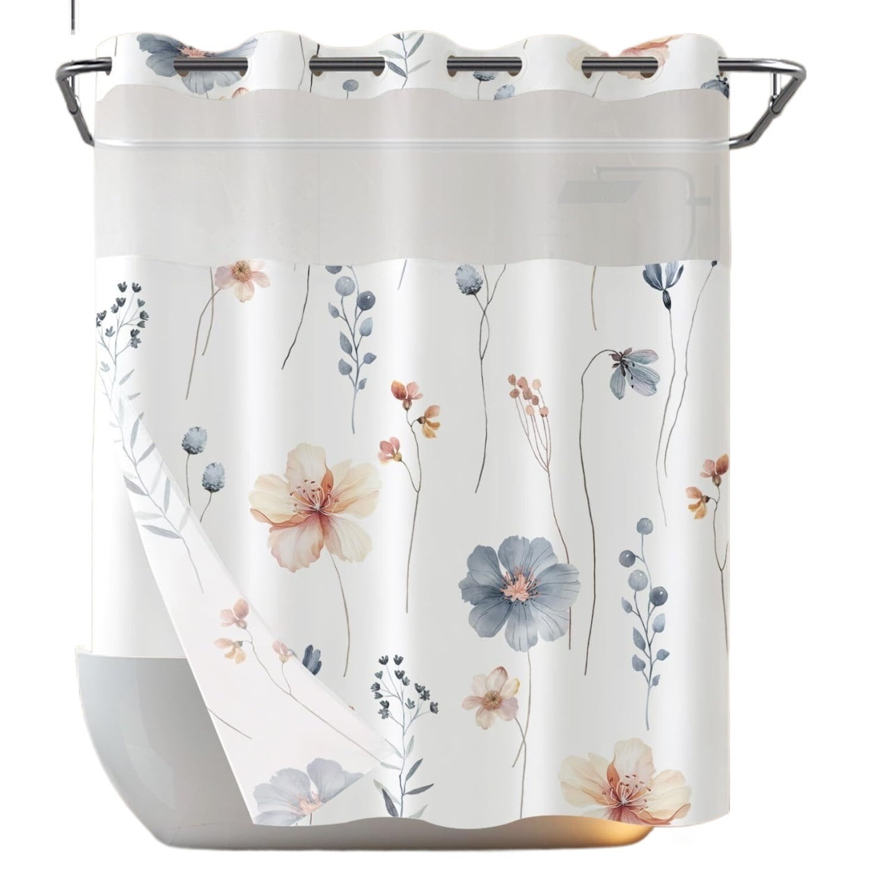 No Hook Shower Curtain with Snap in Liner Set Watercolor Floral ...