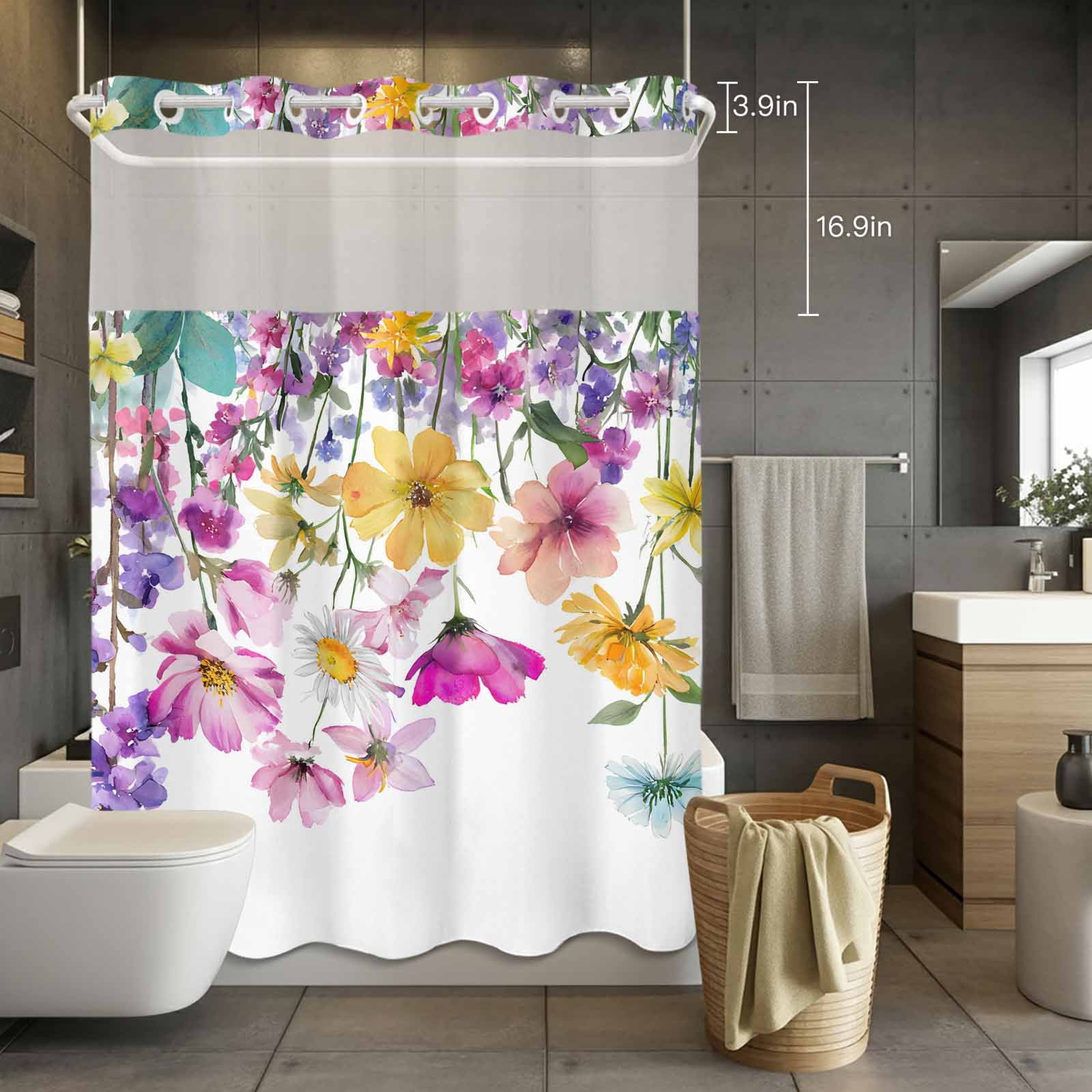 No Hook Shower Curtain with Snap in Liner, Spring Blossom Flower ...