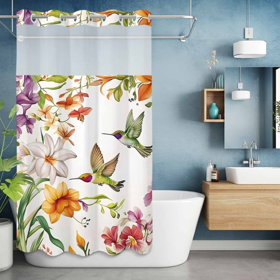No Hook Shower Curtain with Snap in Liner, Spring Colorful Flower ...