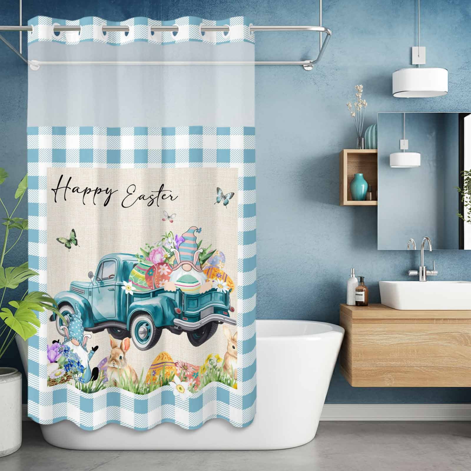 No Hook Shower Curtain with Snap in Liner, Spring Easter Teal Truck ...