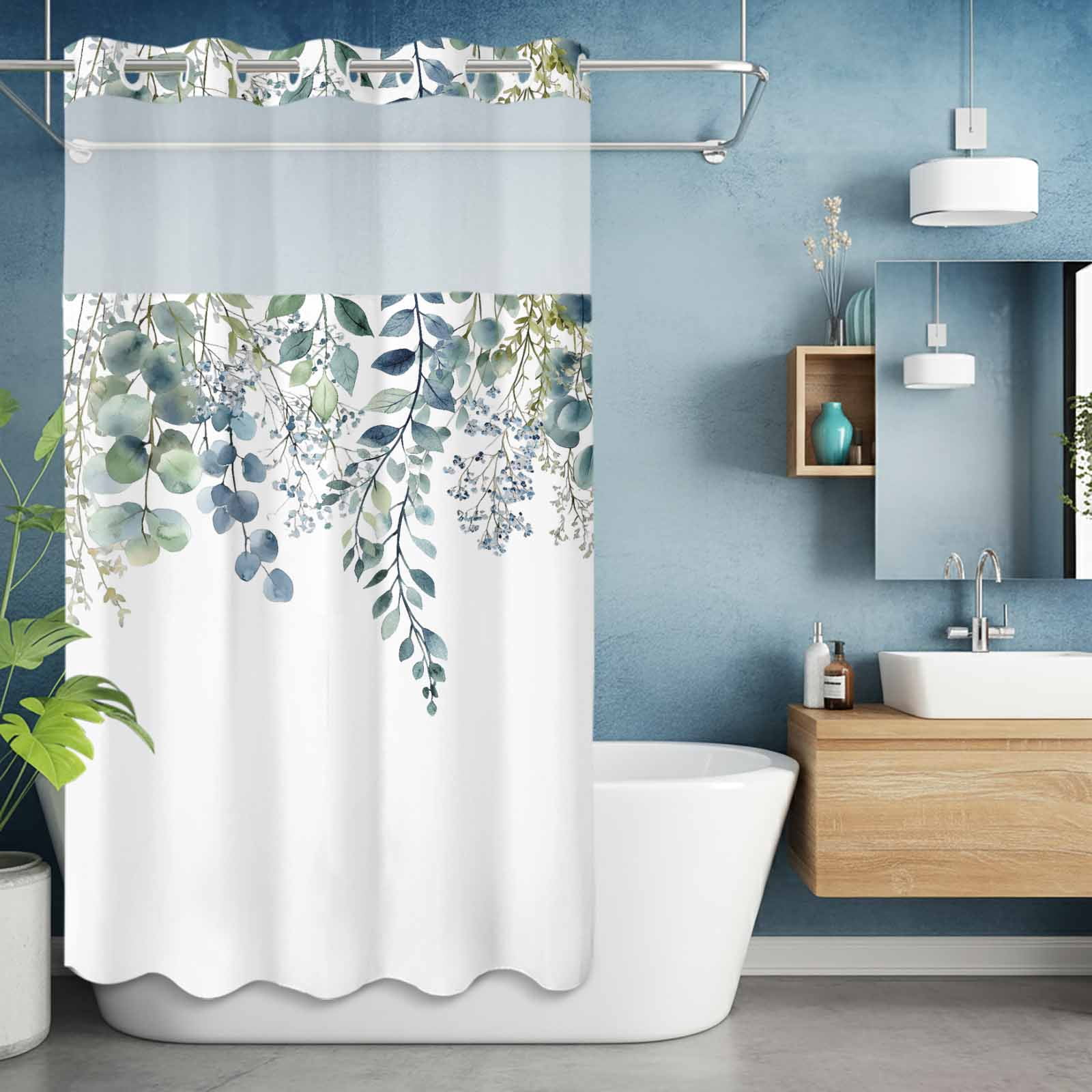 No Hook Shower Curtain with Snap in Liner, Spring Eucalyptus Leaf Green ...