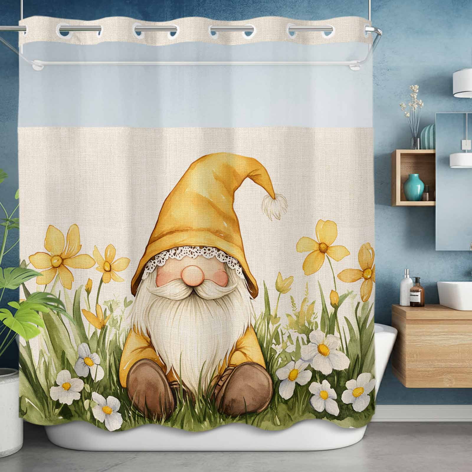 No Hook Shower Curtain with Snap in Liner, Spring Farm Gnome Wild ...