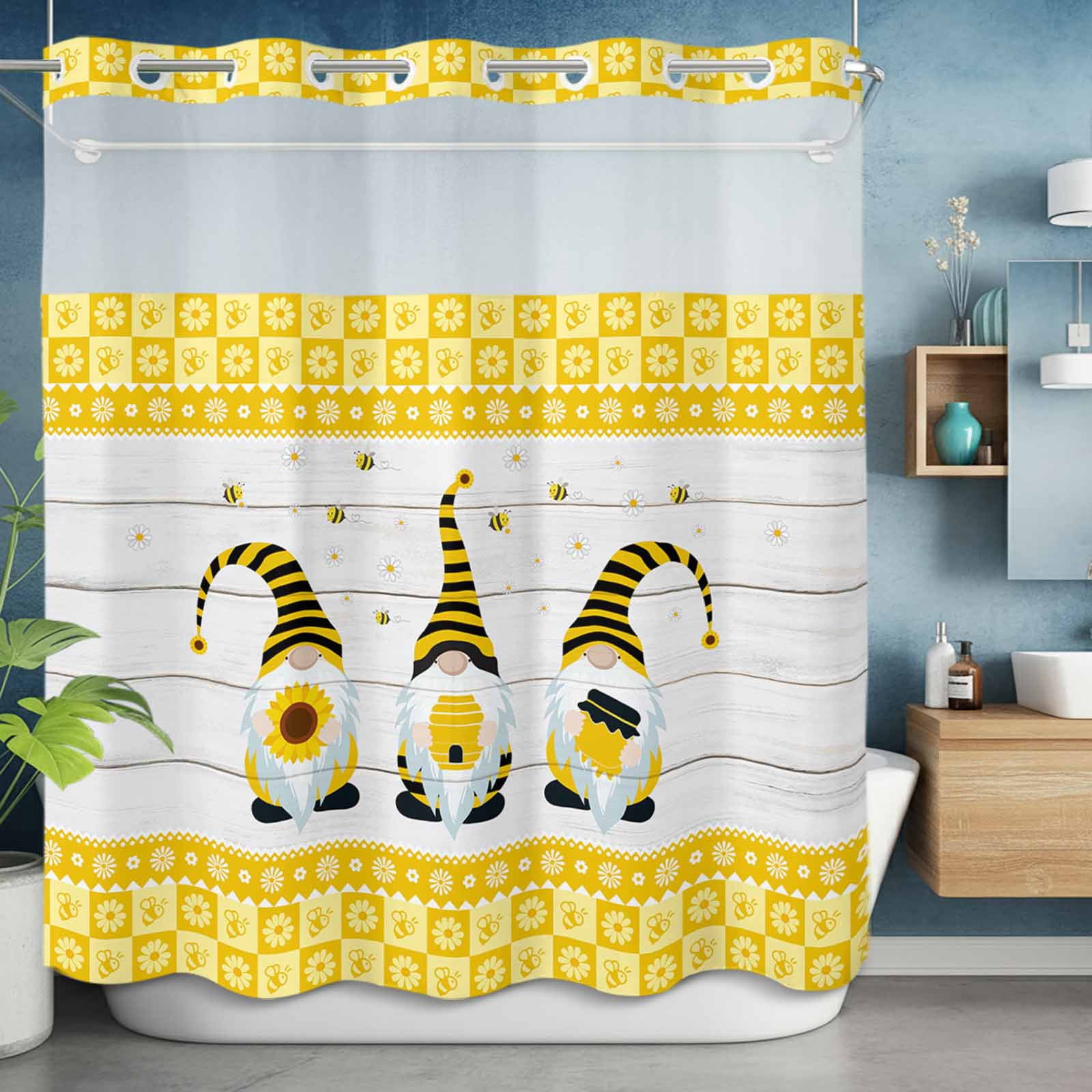 No Hook Shower Curtain with Snap in Liner, Spring Farmhouse Cute Gnome ...