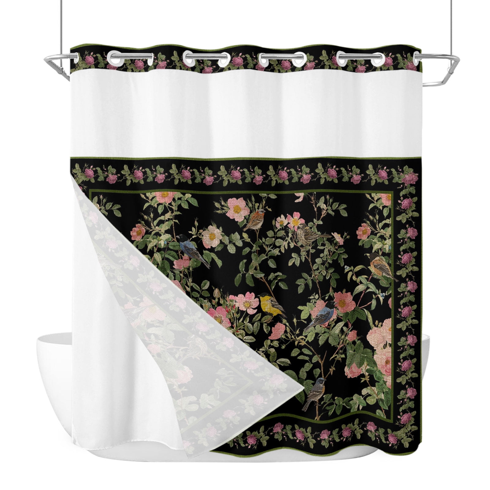 No Hook Shower Curtain with Snap in Liner Spring Flowers Pink Shower ...