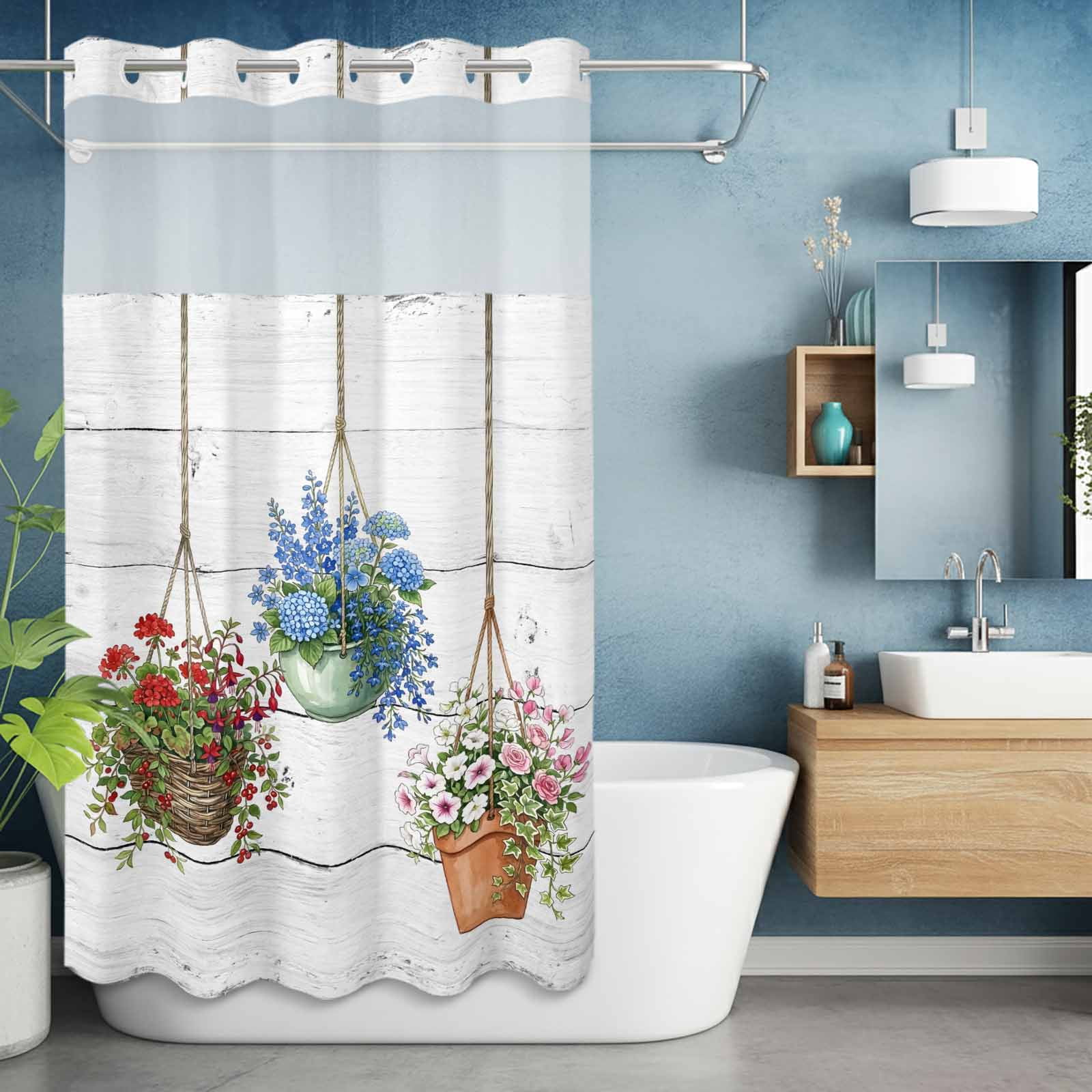 No Hook Shower Curtain with Snap in Liner, Spring Flowers Roses Daisy ...