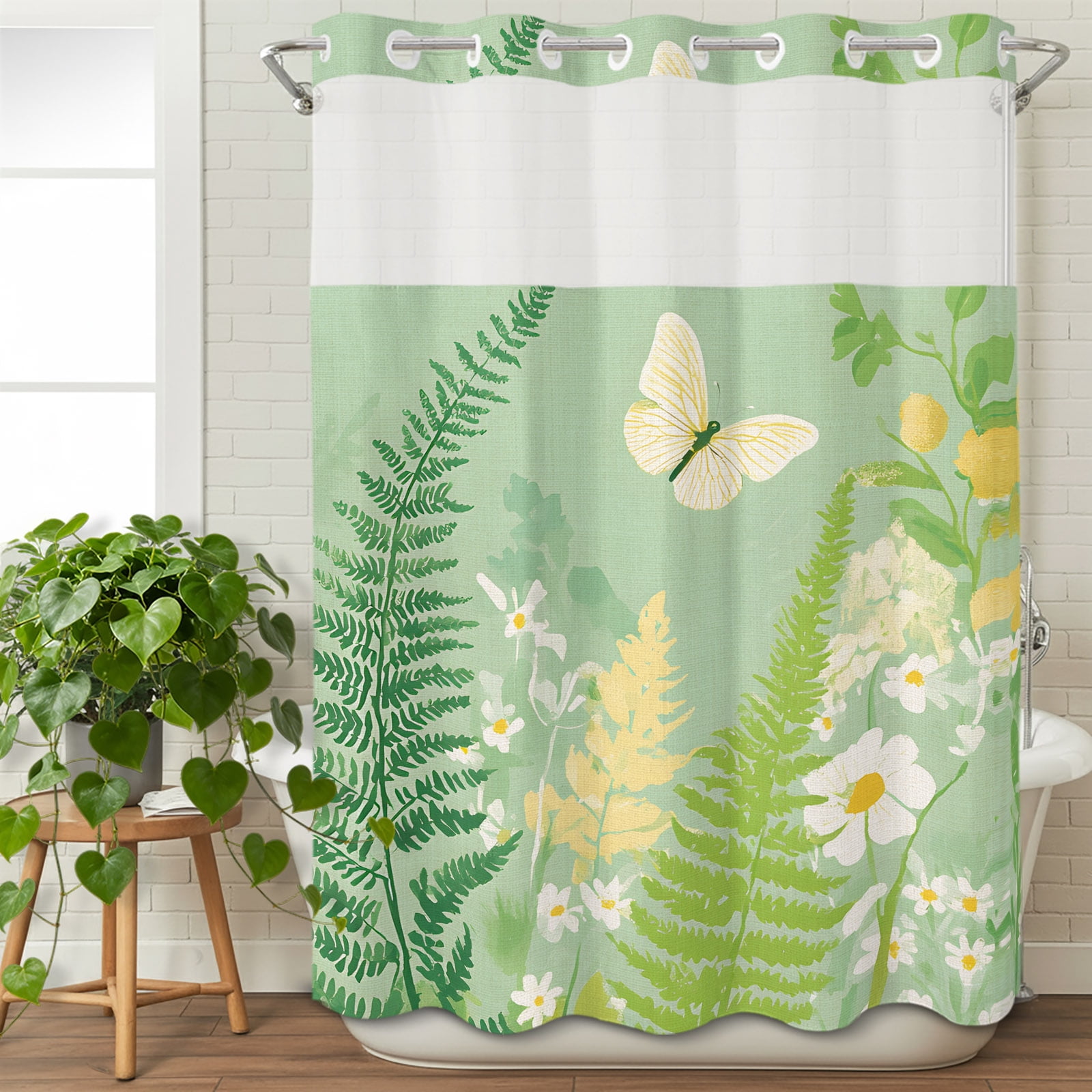 No Hook Shower Curtain with Snap in Liner, Spring Green Leaves Flower ...