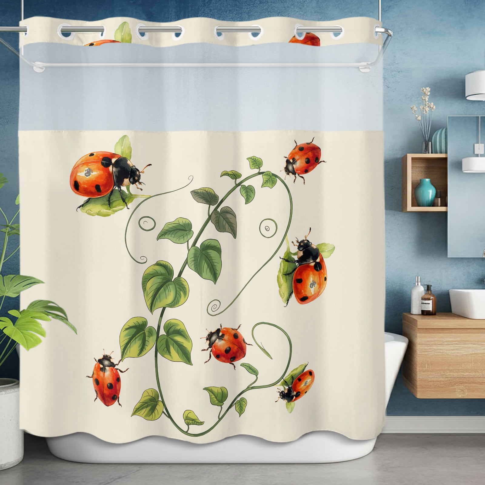 No Hook Shower Curtain with Snap in Liner, Spring Seven Star Ladybirds ...