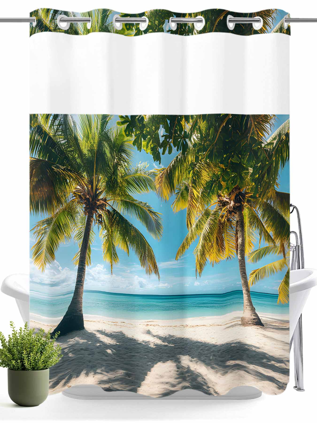 No Hook Shower Curtain with Snap in Liner,Summer Beach Green Coconut ...