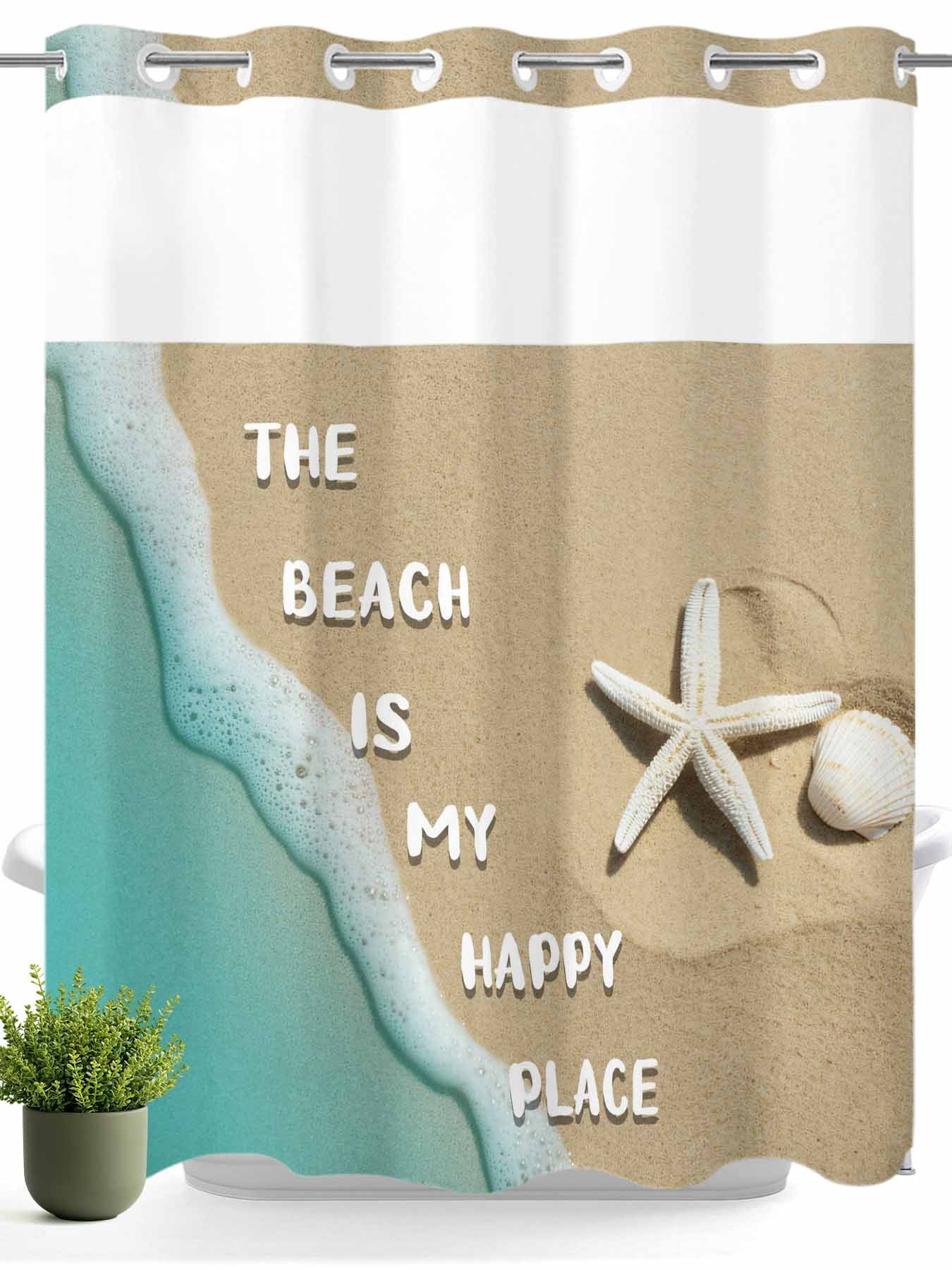 No Hook Shower Curtain with Snap in Liner,Summer Beach Starfish Shell ...