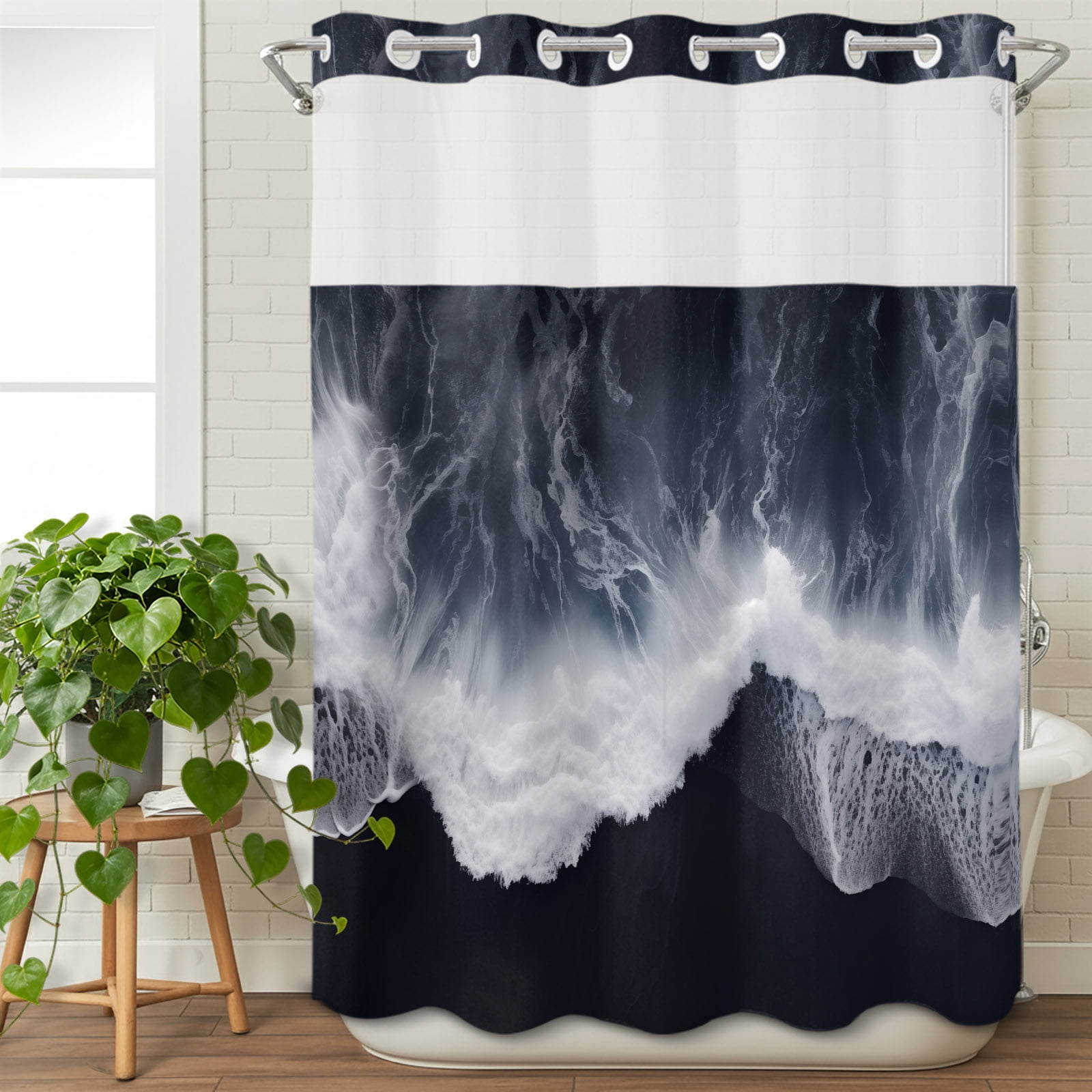 No Hook Shower Curtain with Snap in Liner, Summer Black Beach Seashore ...