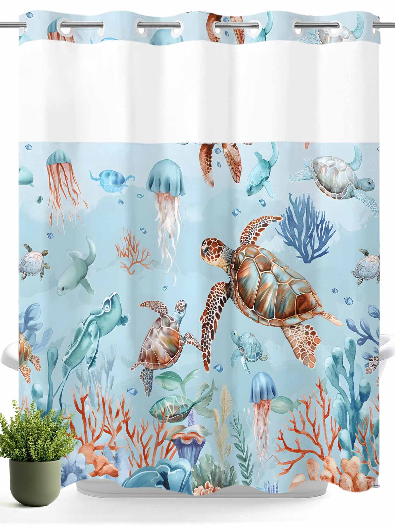 No Hook Shower Curtain with Snap in Liner,Summer Colorful Sea Turtles ...