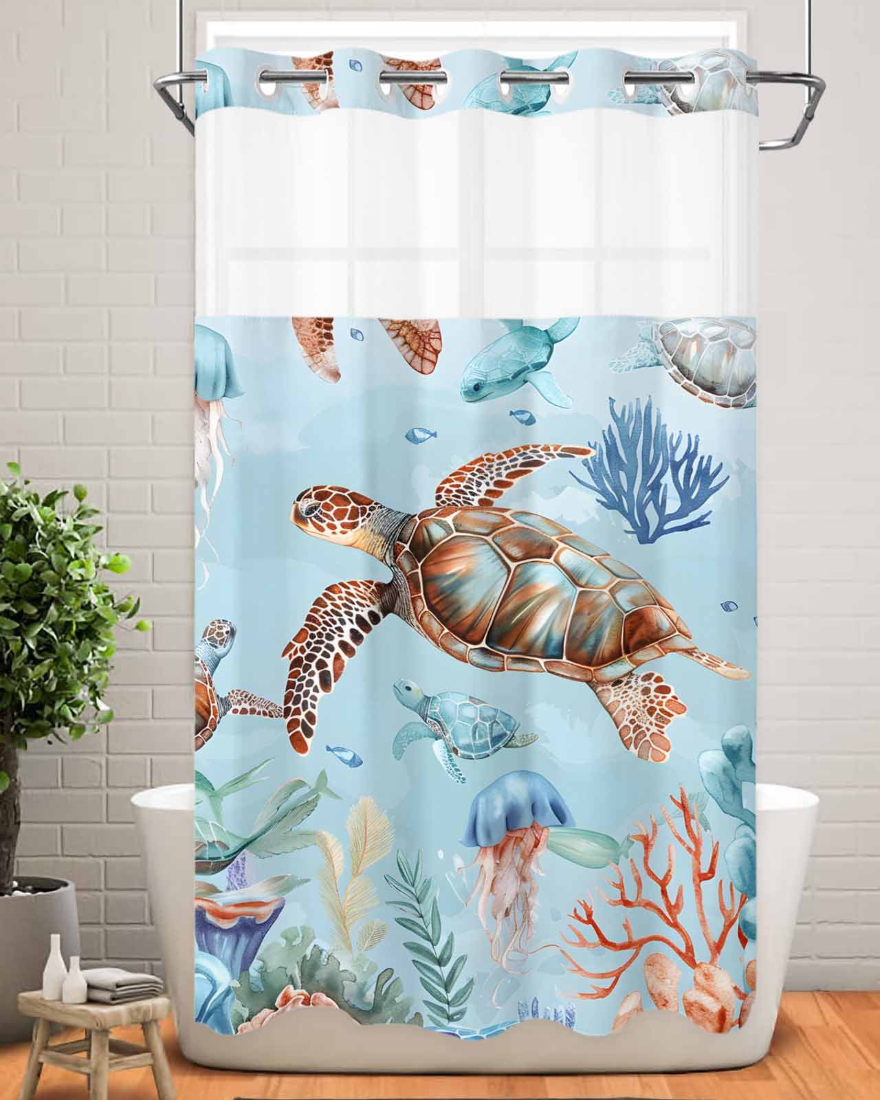 No Hook Shower Curtain with Snap in Liner,Summer Colorful Sea Turtles ...