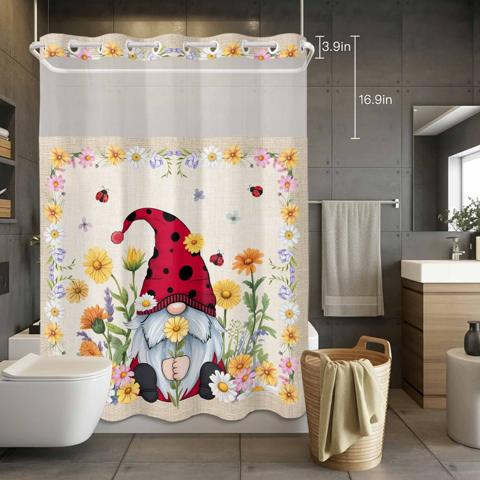 No Hook Shower Curtain with Snap in Liner, Summer Daisy Flower Ladybug ...