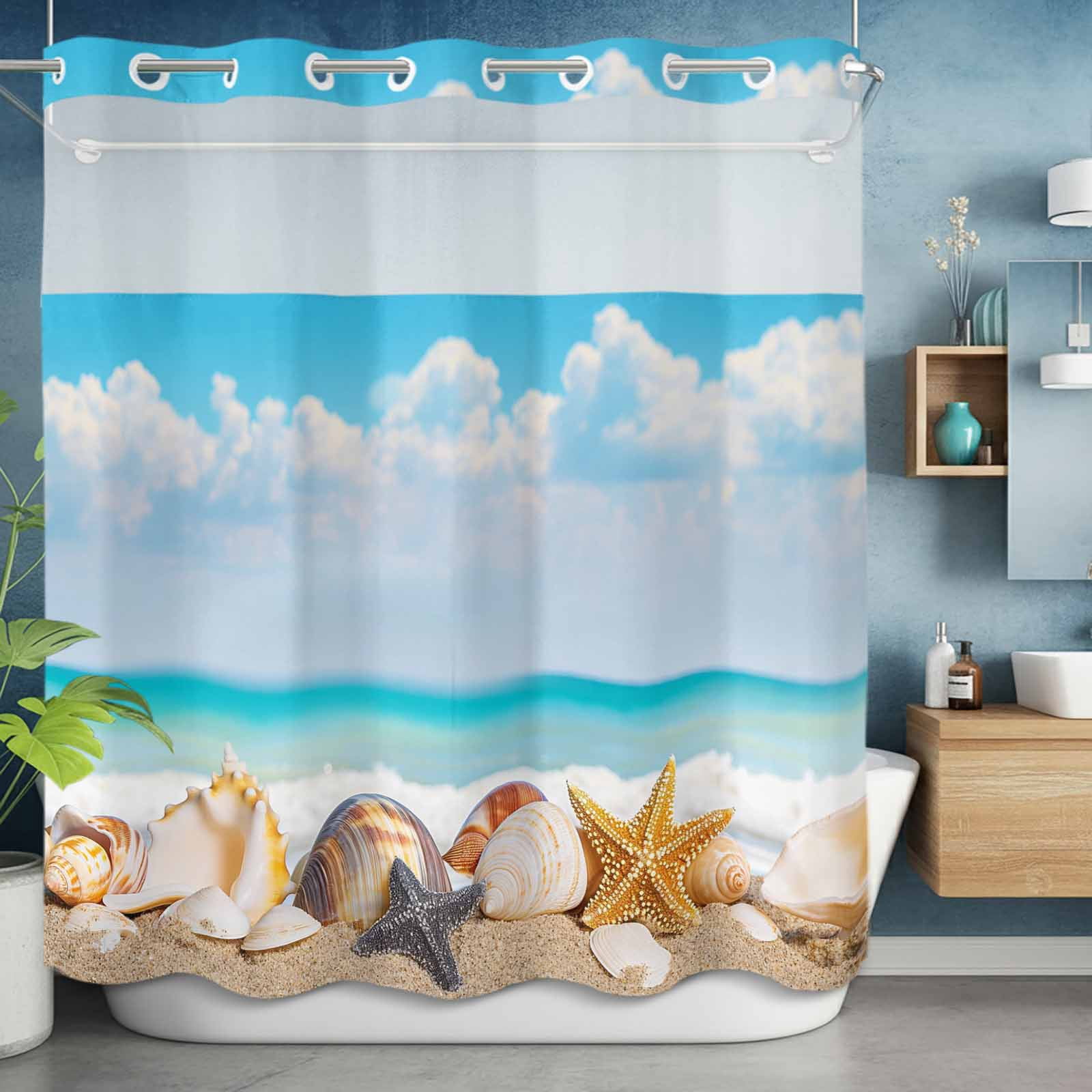 No Hook Shower Curtain with Snap in Liner, Summer Ocean Beach Shell ...
