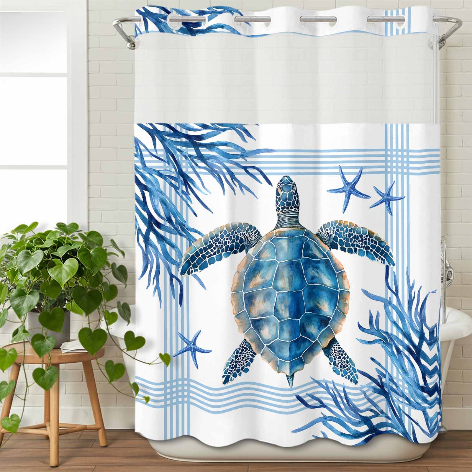 No Hook Shower Curtain with Snap in Liner, Summer Ocean Blue Turtle on ...