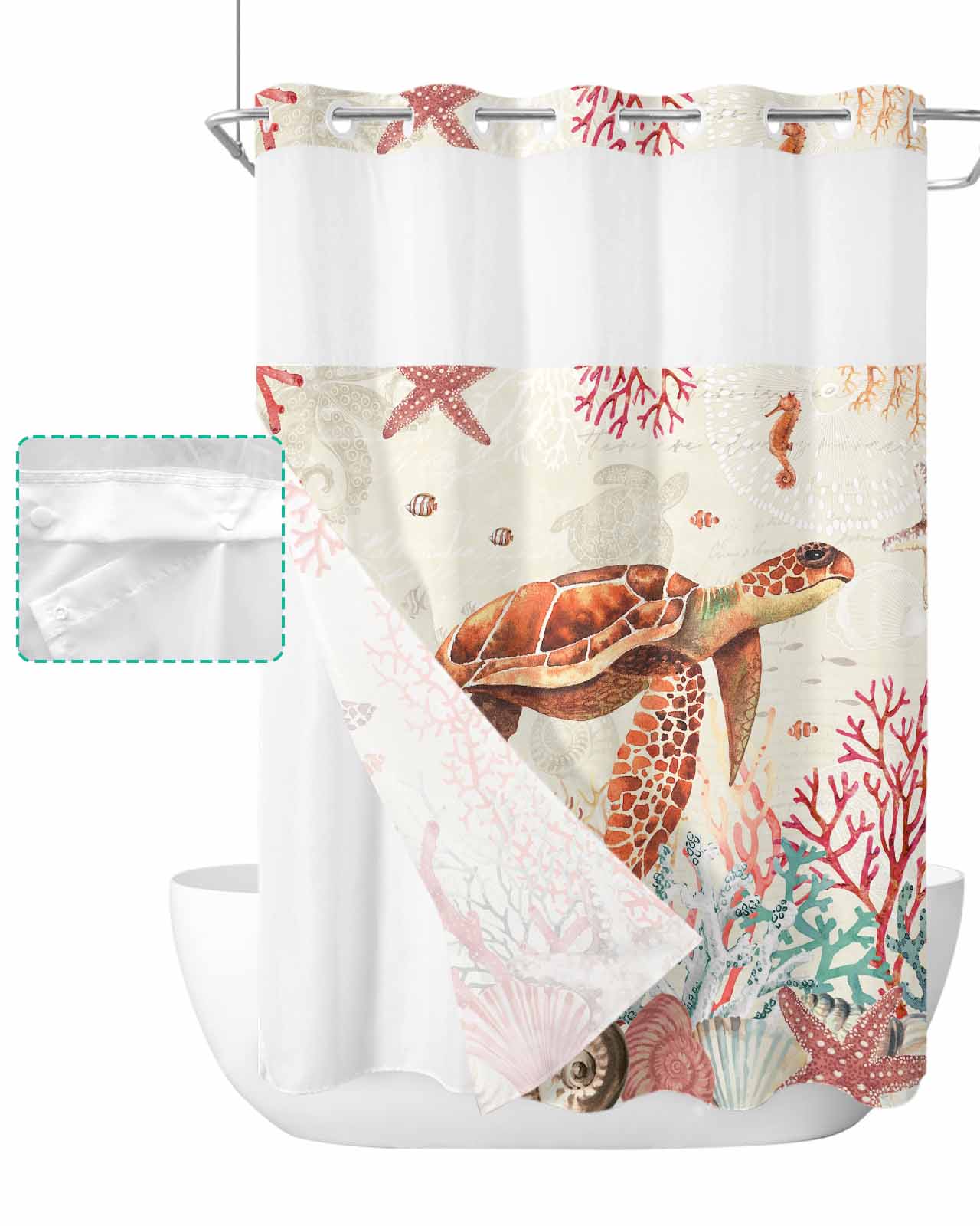 No Hook Shower Curtain with Snap in Liner, Summer Ocean Sea Turtle ...