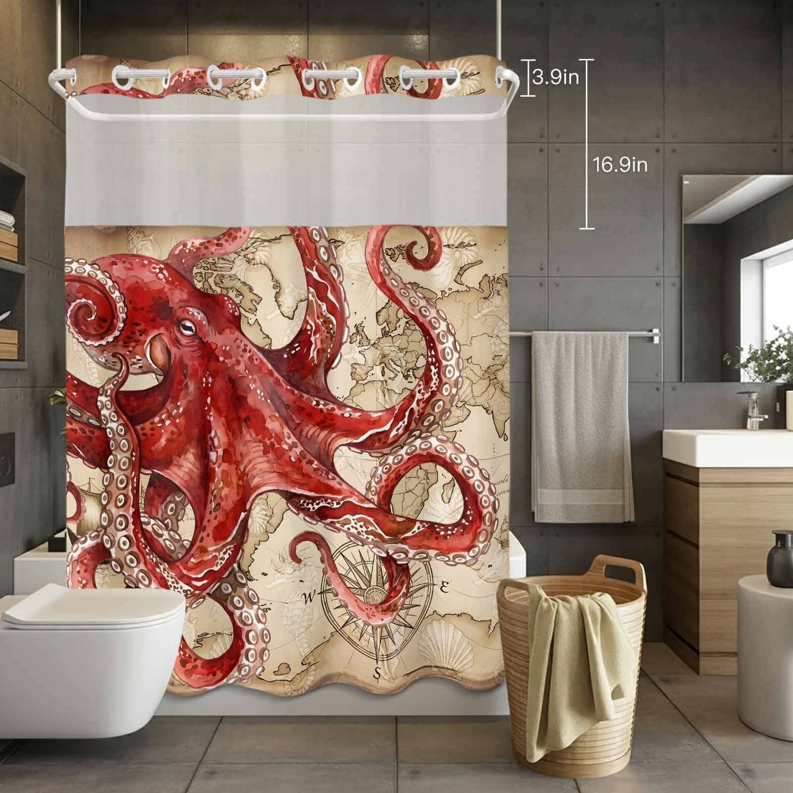 No Hook Shower Curtain with Snap in Liner, Summer Red Big Octopus ...