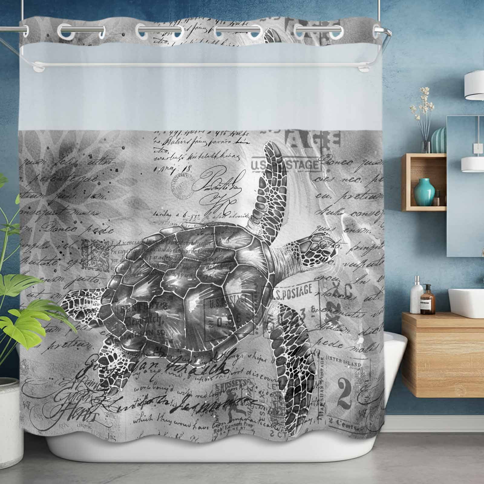 No Hook Shower Curtain with Snap in Liner, Summer Retro Ocean Grey ...