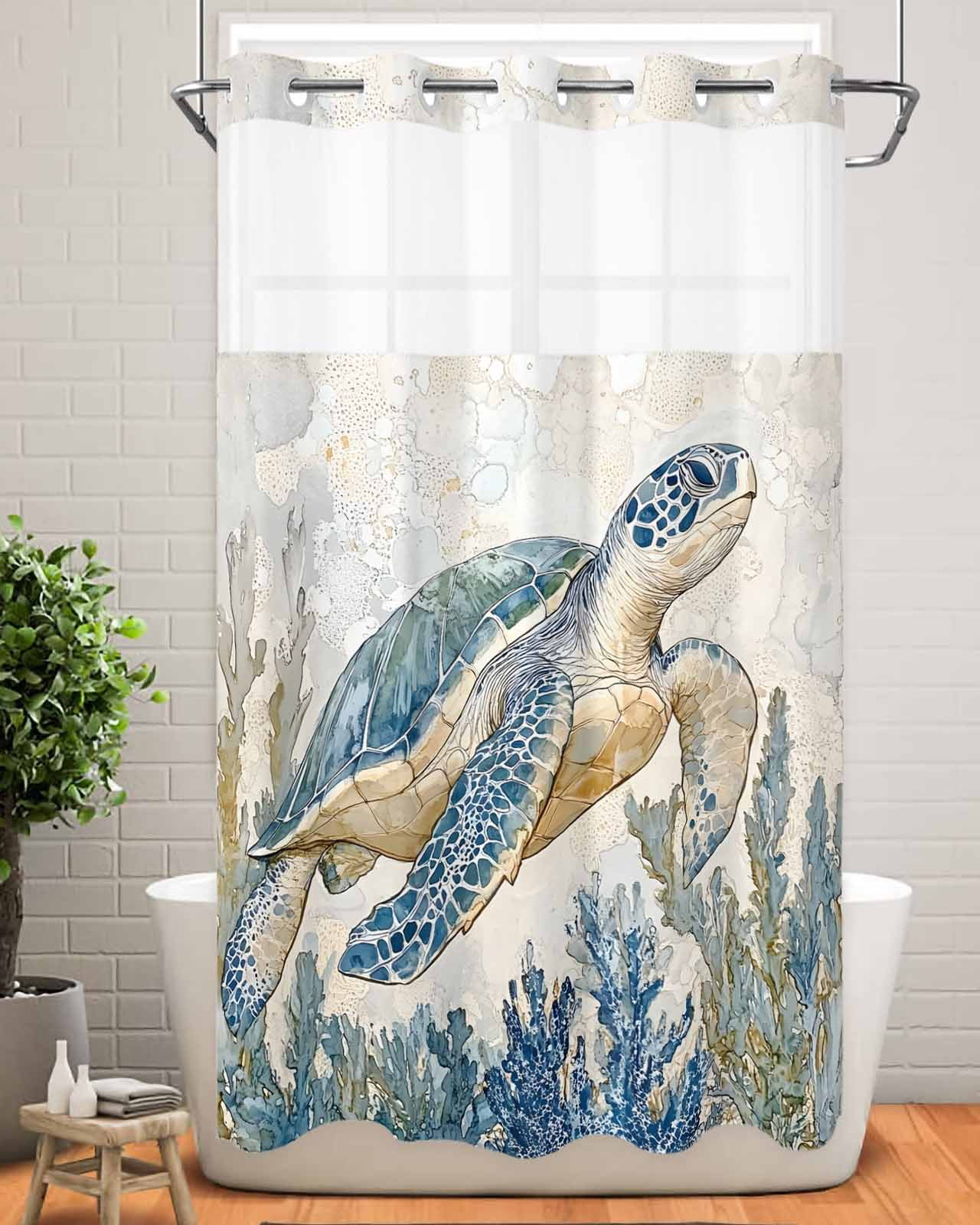 No Hook Shower Curtain with Snap in Liner,Summer Sea Turtle Ocean Coral ...