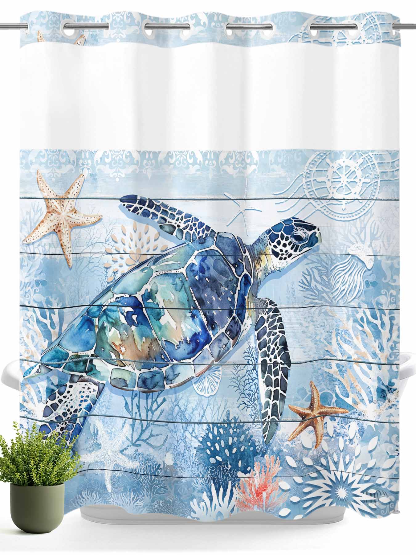 No Hook Shower Curtain Snap in Liner,Summer Sea Turtle Starfish Blue ...