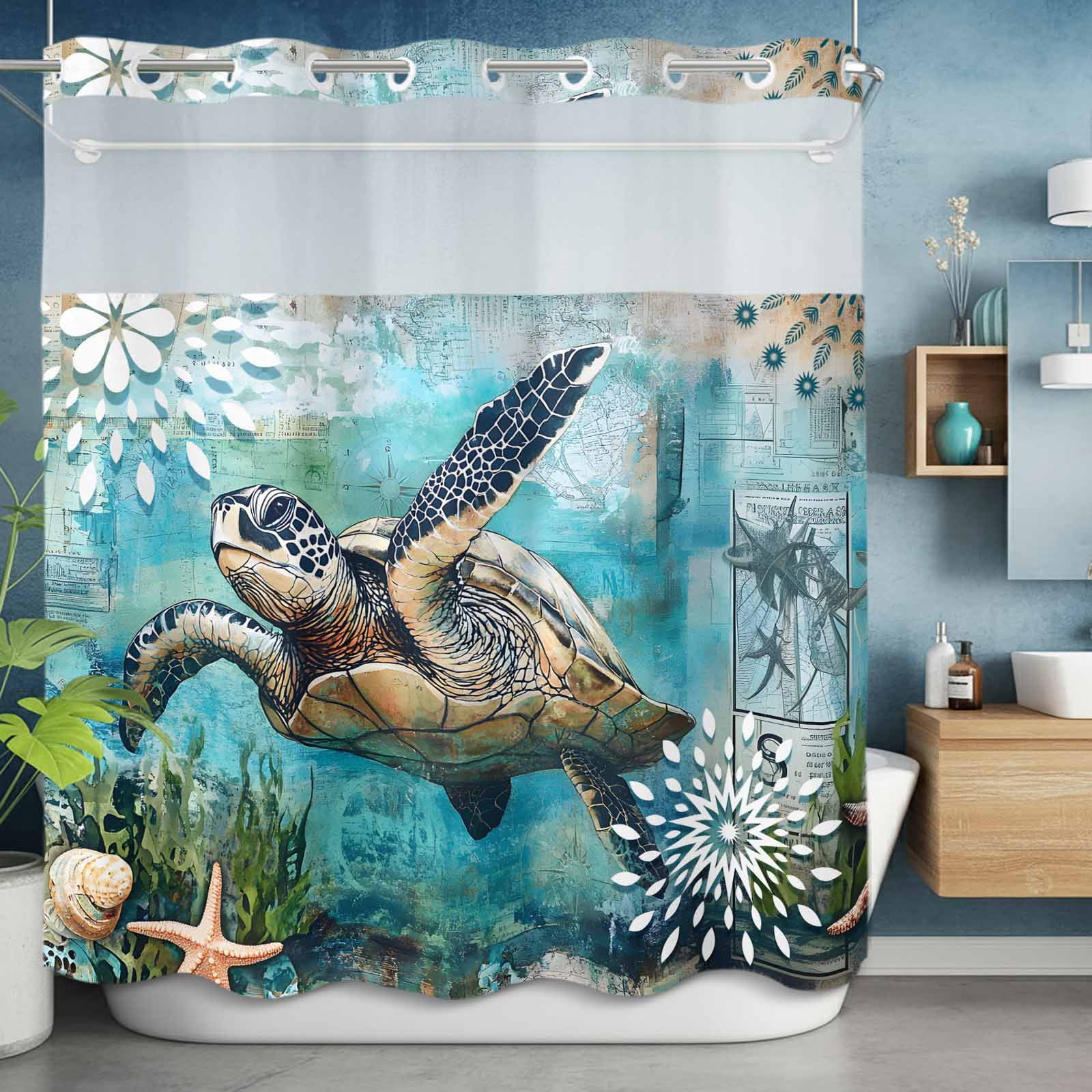 No Hook Shower Curtain with Snap in Liner, Summer Sea Turtle Underwater ...