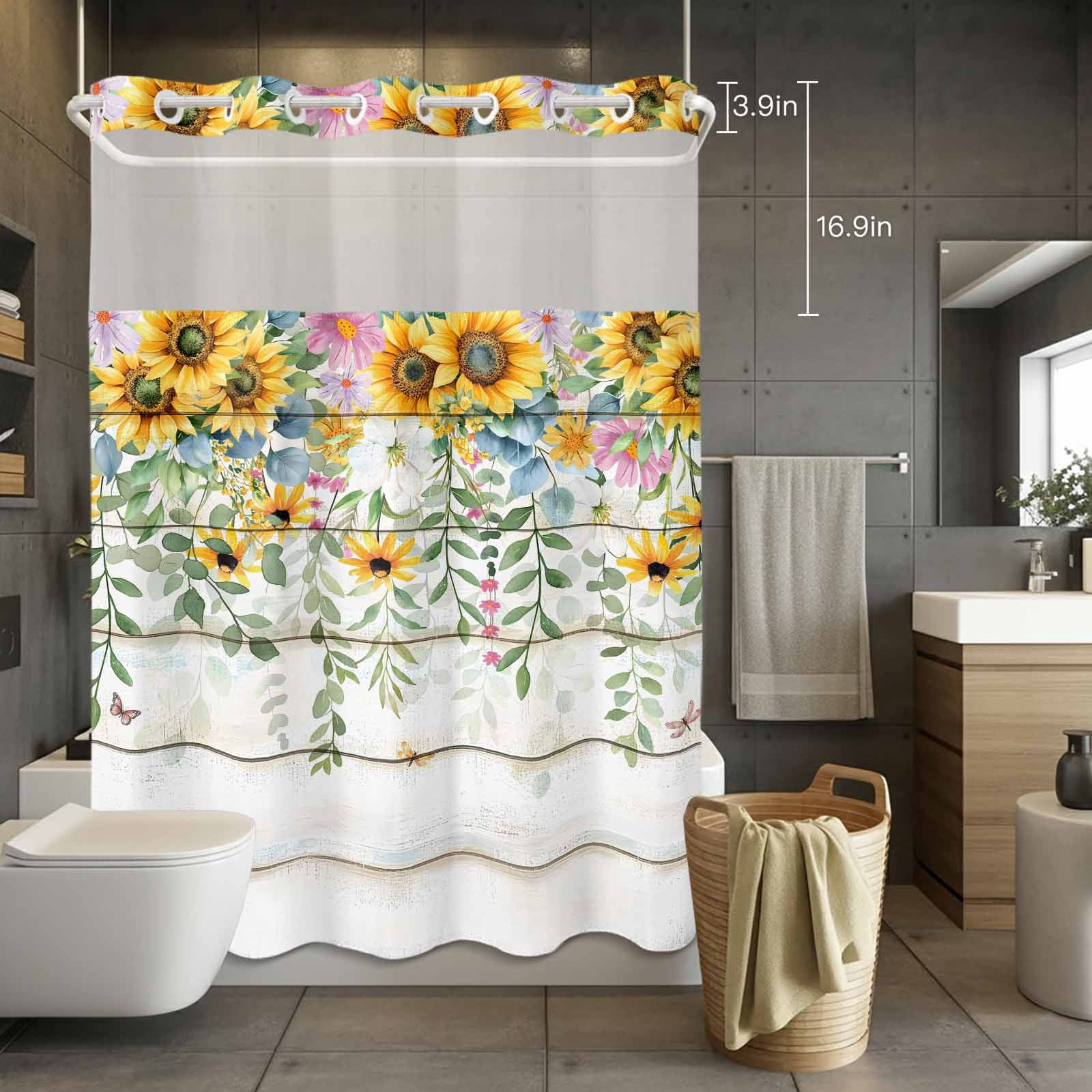 No Hook Shower Curtain with Snap in Liner, Summer Sunflower Green ...