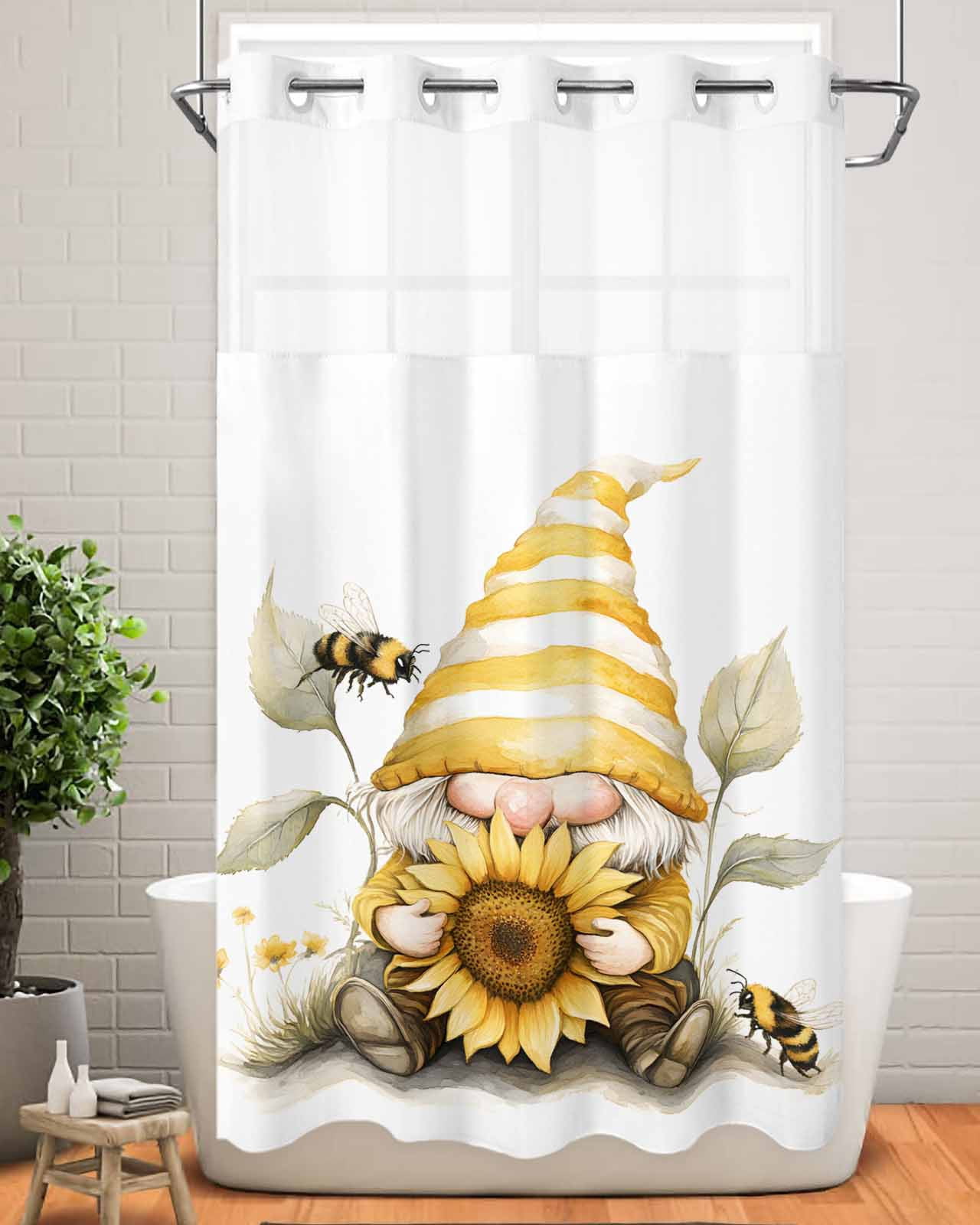 No Hook Shower Curtain with Snap in Liner,Summer Yellow Cute Dwarf Bee ...
