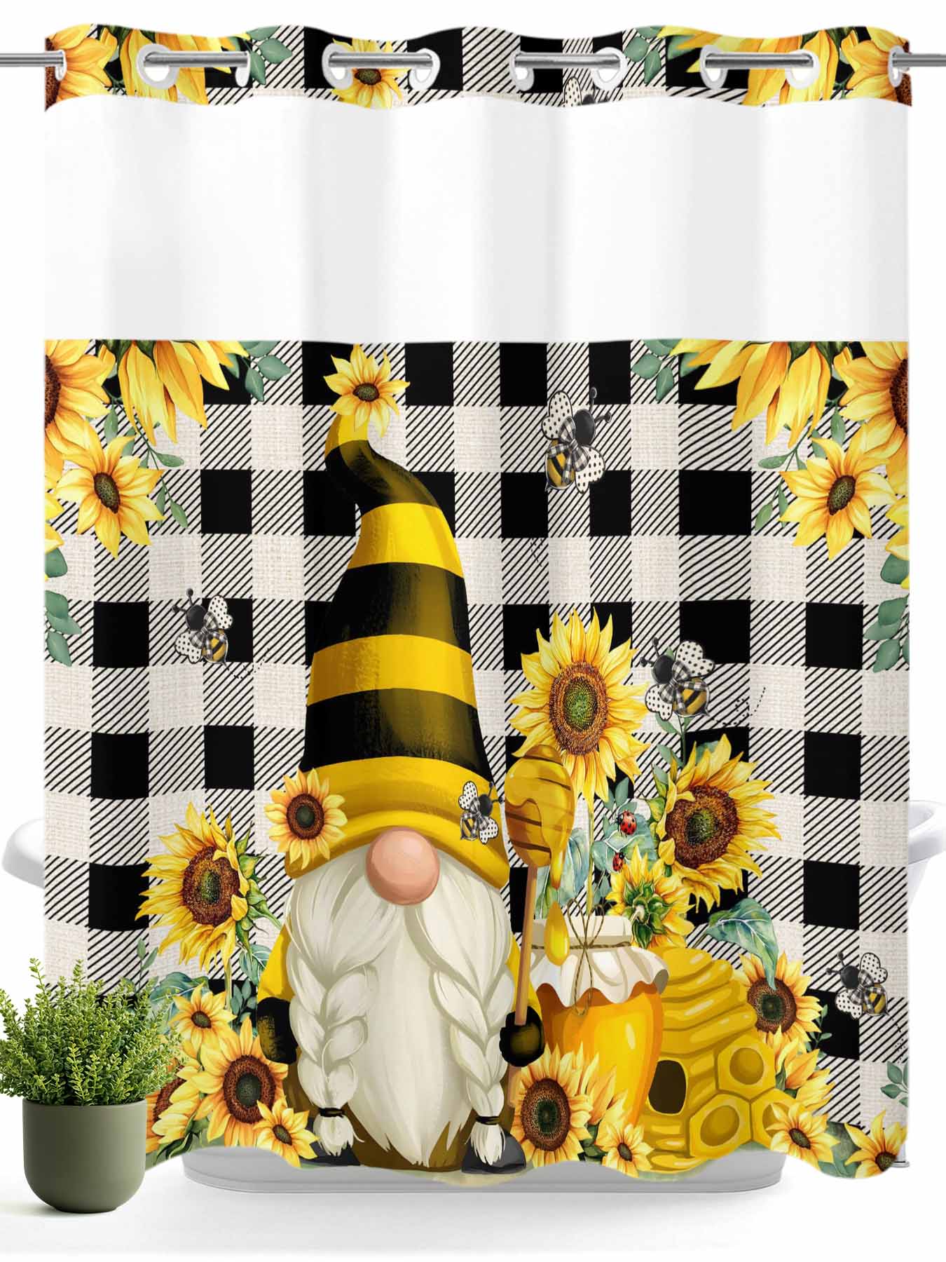 No Hook Shower Curtain with Snap in Liner,Sunflower Dwarf Bee Green ...