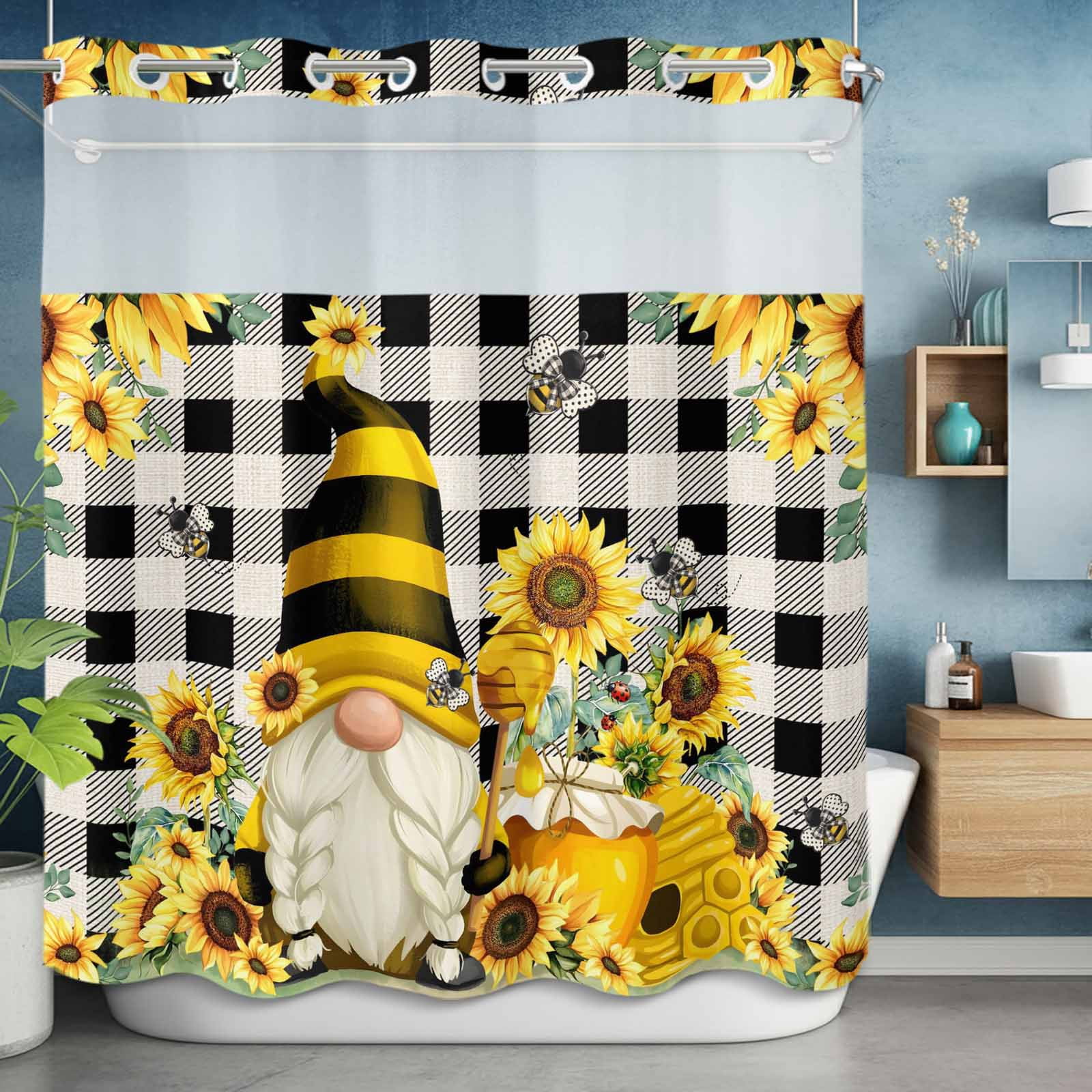 No Hook Shower Curtain with Snap in Liner, Sunflower Dwarf Bee Green ...
