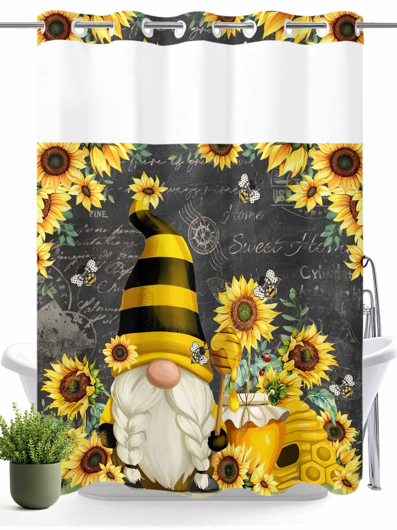 No Hook Shower Curtain with Snap in Liner,Sunflower Dwarf Honey Bee ...