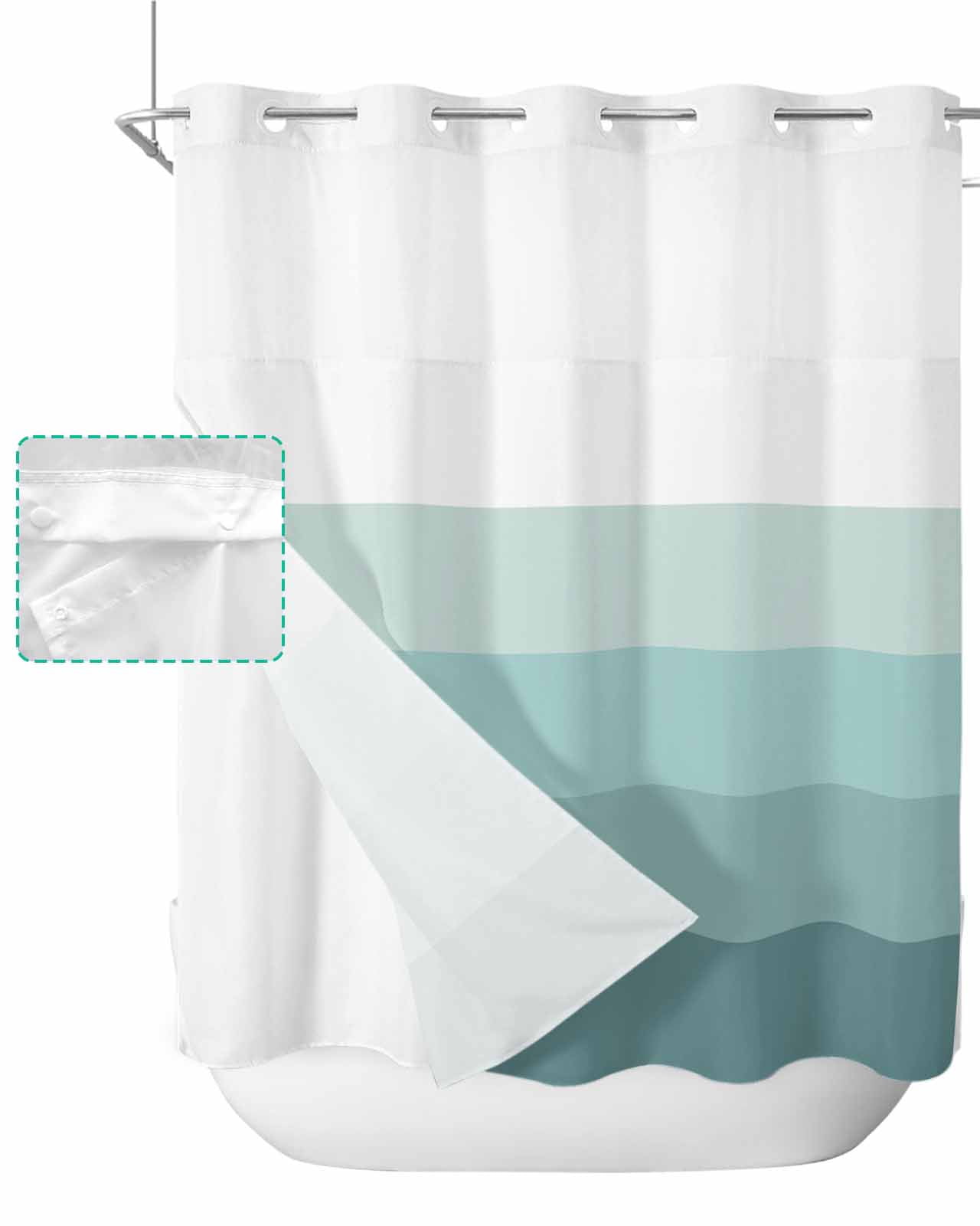 No Hook Shower Curtain with Snap in Liner, Teal Striped Gradient Rustic Wood Board Hotel Shower ...