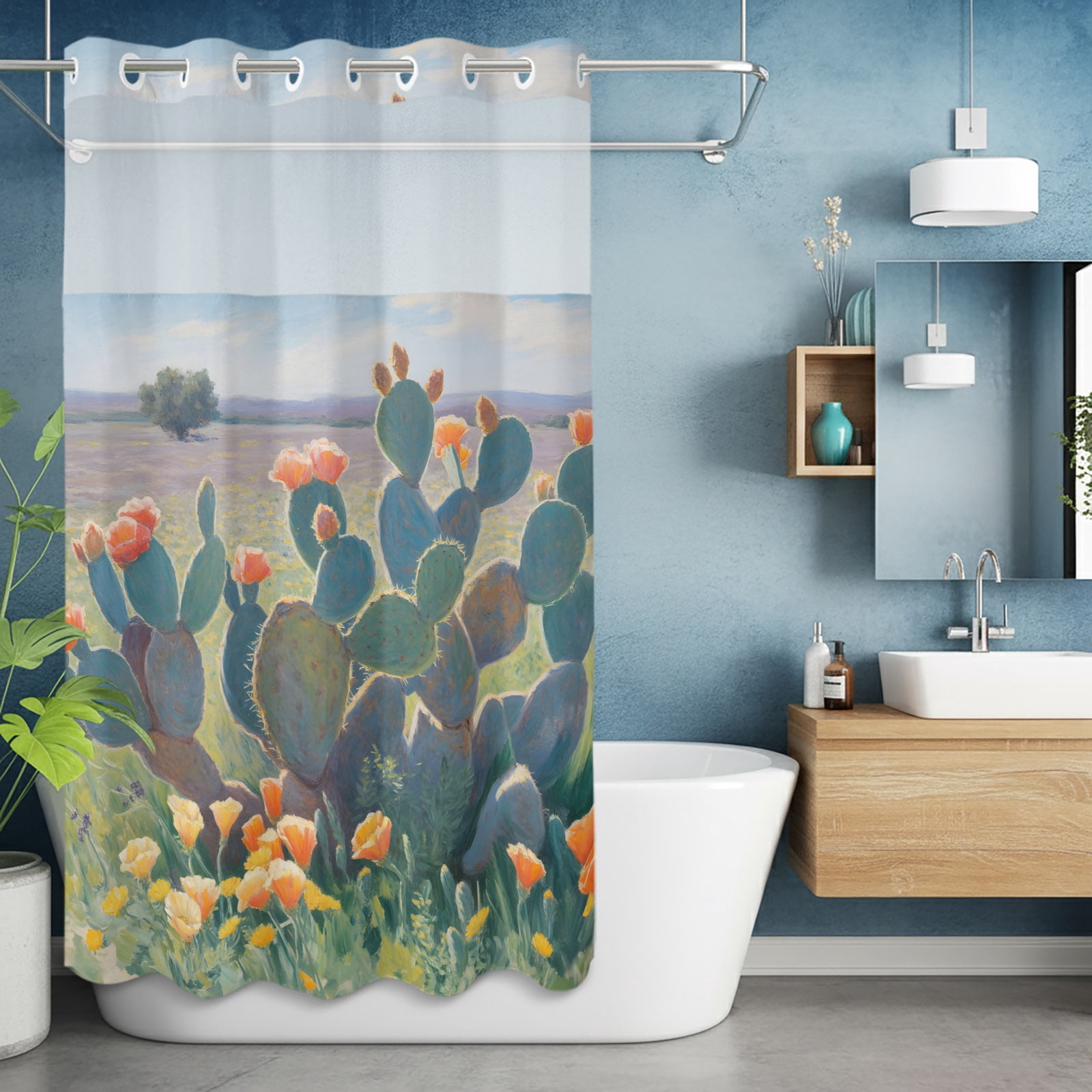 No Hook Shower Curtain with Snap in Liner, Tropical Plants Cactus ...